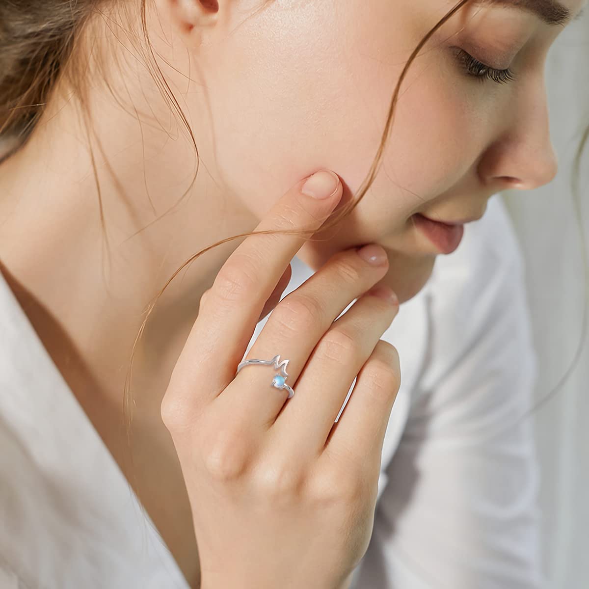 LELOUCHY Letter M Ring 925 Sterling Silver Adjustable Initial Moonstone Ring for Women Women