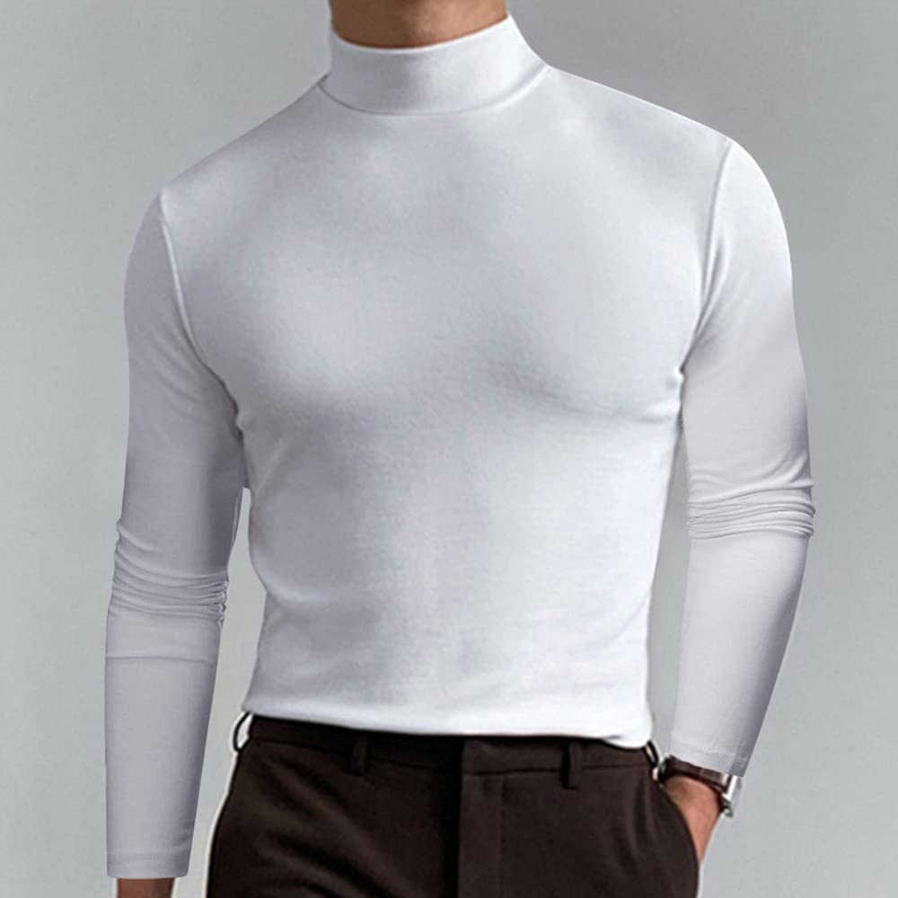 MUGUOY Men's High Neck Slim Fit Long Sleeve T-Shirt,Men's Casual Mock Turtleneck Slim Fit Basic Tops,Fashion Pullover Stretch Thermal Underwear Top. (S, White)