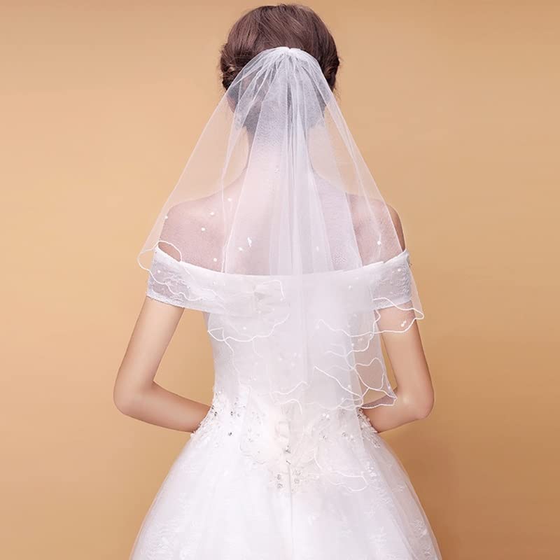 MXIAOXIA Women Pearl Bridal Veils Wedding Dress Veil Layers Tulle Ribbon Edge Accessories