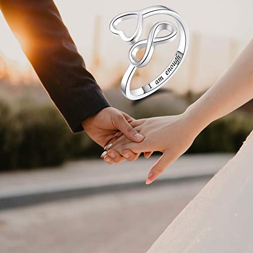 Jinlou 925 Sterling Silver Infinity Ring Inspirational Personalized Adjustable Rings Birthday Graduation Gift for Women Teen(I Am Enough)
