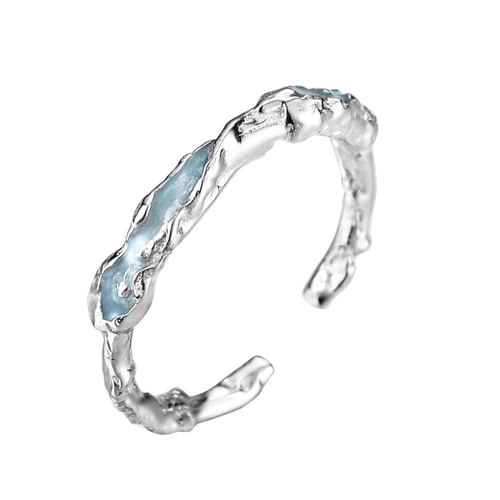 Lake Blue Drop Glaze Tassel 925 Sterling Silver Statement Rings Irregular Adjustable Ring Eternity Band For women Teen Girls Blue