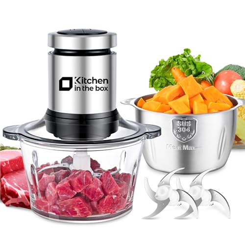 Kitchen in the box Food Processors,Small Meat Grinder & Food Chopper Electric Vegetable Chopper with 2 Bowls (8 Cup+8 Cup)& 2 Bi-Level Blades for Meat/fish/Vegetable/Baby Food,400 W (Black)
