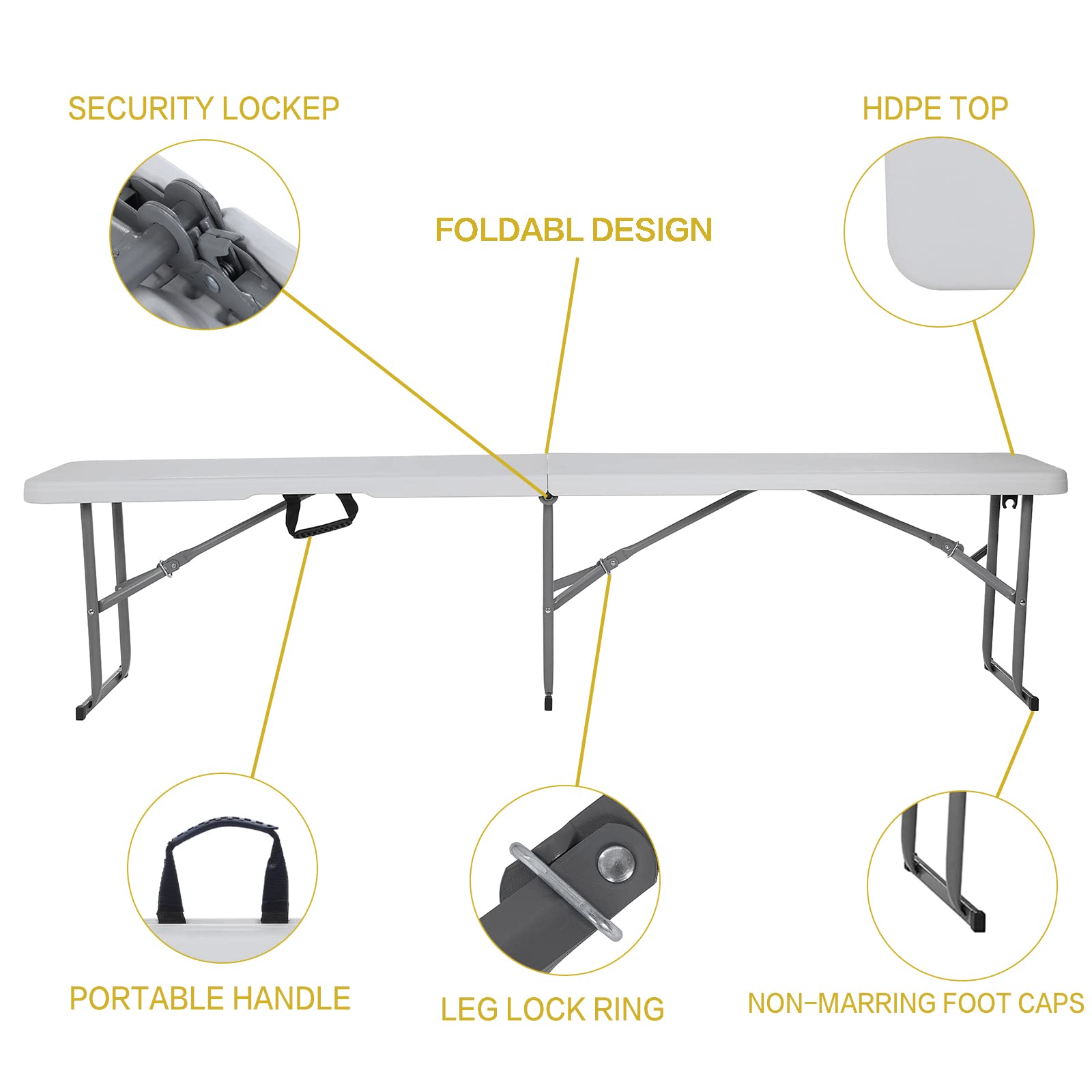 Lakhow 6-Foot Folding Bench White Plastic Folding Training Table, Stackable Indoor and Outdoor Folding Stool, Used for Wedding Backyard Activities, Conference Room Festivals (2-Pack)