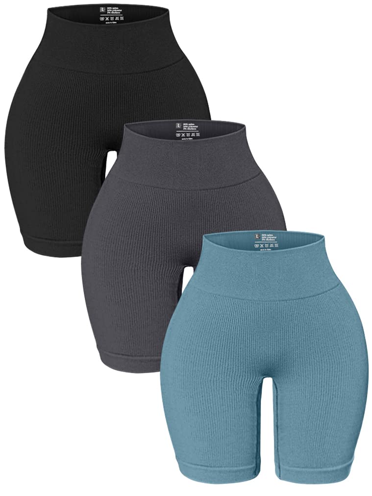 OQQ Women's 3 Pack High Waisted Yoga Ribbed Seamless Tummy Control Workout Athletic Shorts, Black Grey Blue1, Large