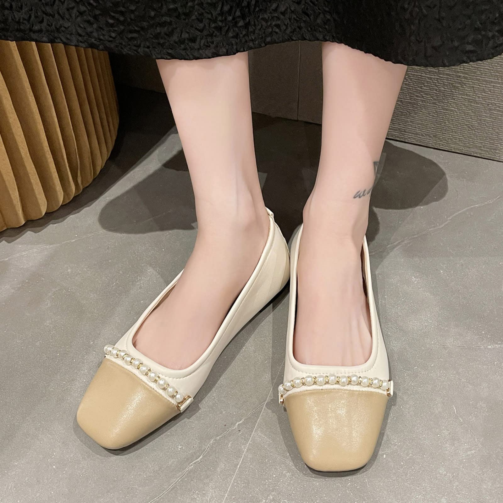 Leisure Women's Four Seasons Low Heeled Non Slip Square Toe Pearl Decoration Breathable Casual Shoes for Men Comfortable