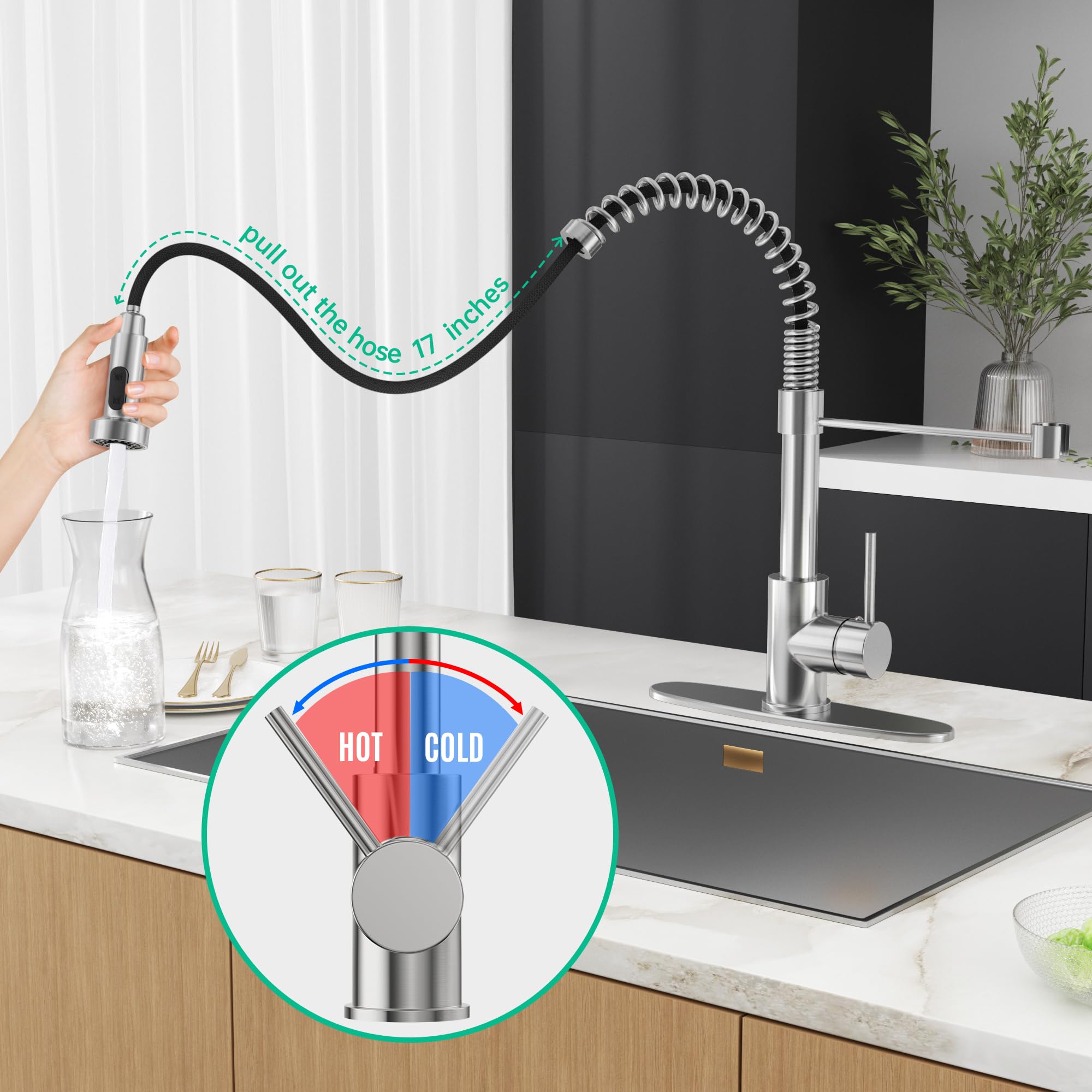 Kitchen Faucet with Pull Down Spray Head Stainless Steel Single Handle Pull Out Spring Loaded Sink Faucet 1 Hole or 3 Hole Dual Function For Farmhouse Camper Laundry Sundry RV Wet Bar (Brushed Nickel)