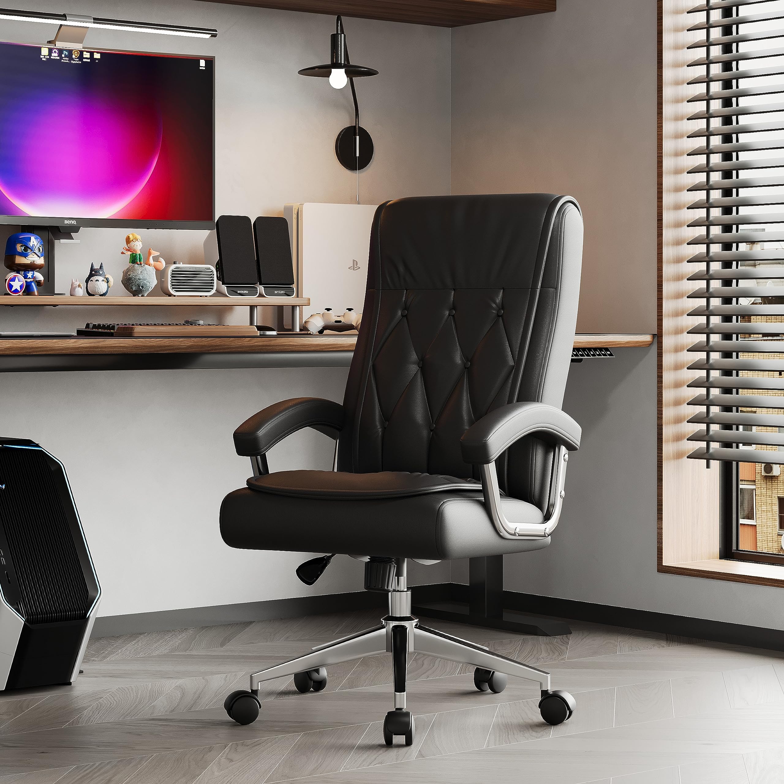 Hoxne Leather Executive Office Chair with Arms and Wheels, High Back Ergonomic Computer Desk ChairAdjustable Height Swivel Office Desk Chair, 350LBS Capacity (Black)