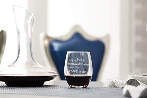 Lushy Wino – I Enjoy Long Romantic Walks Down The Wine Aisle – Cute, Novelty, Etched Stemless 18-Ounce Wine Glass with Funny Sayings in Gift Box