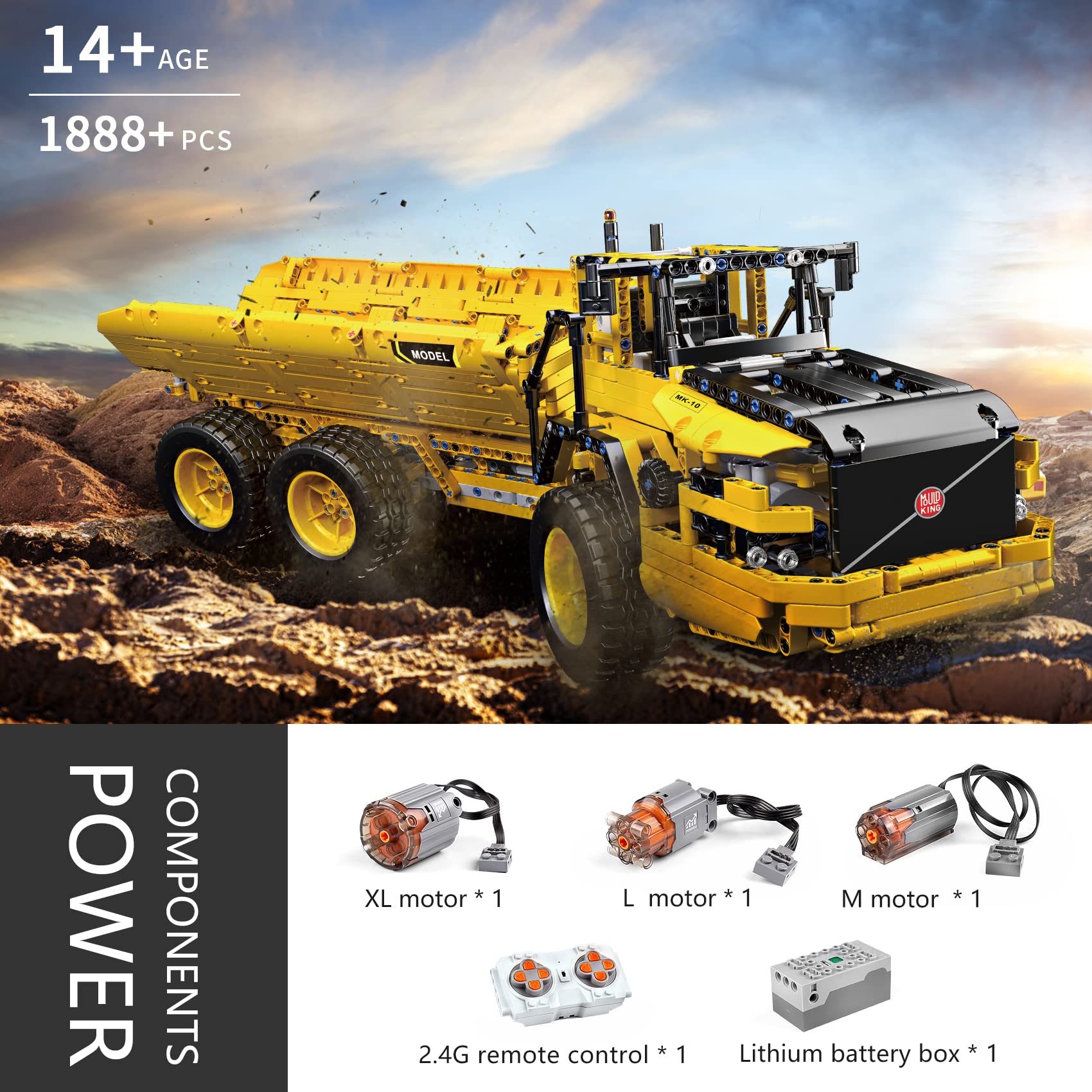 Mould King Engineering Articulated Hauler Building Blocks Kit, APP/RC Control MOC Dump Truck Model, Gift for Kids Age 8+ (1,888+ Pieces)