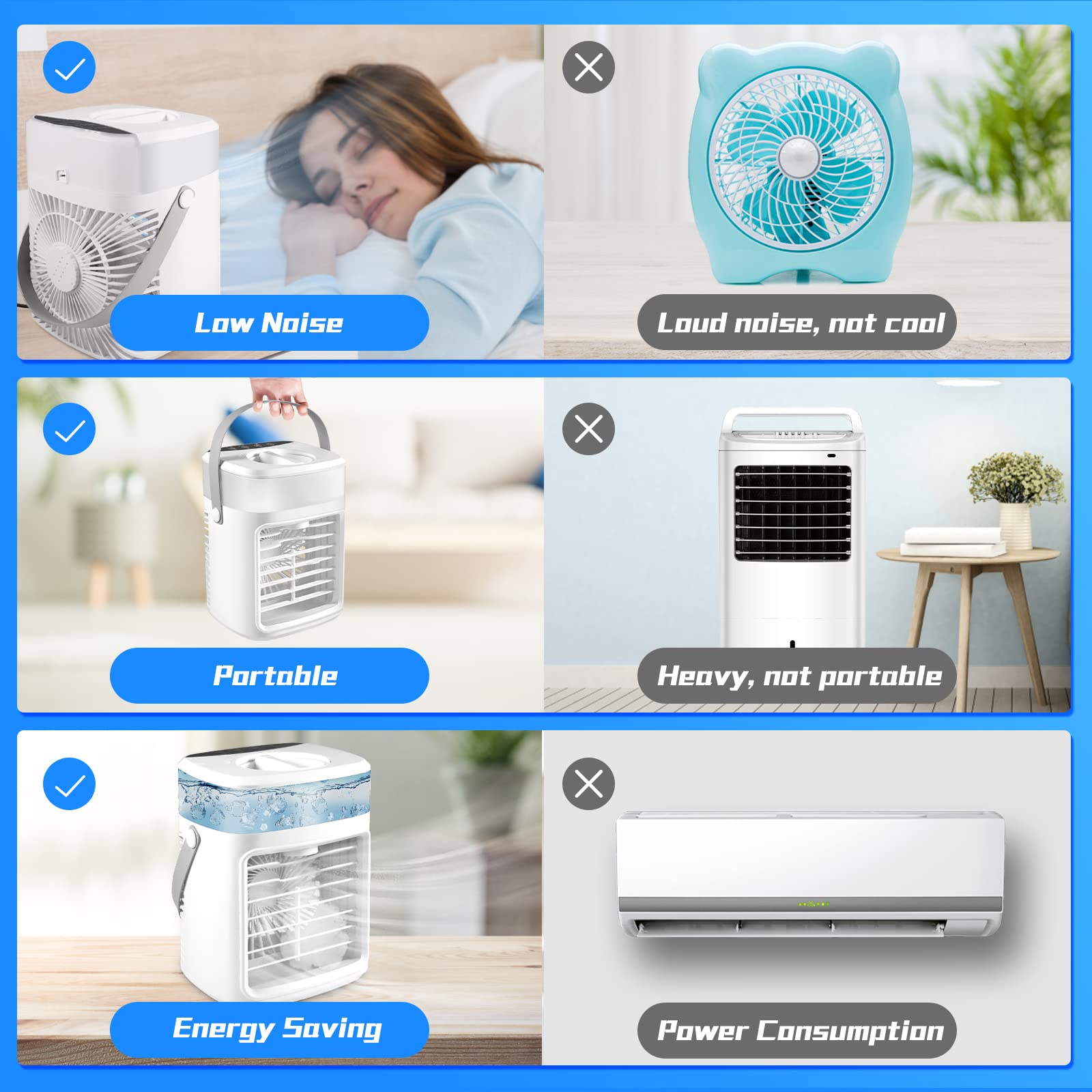 Portable Air Conditioners, Cordless Evaporative Air Cooler, 3 Wind Speed & 2 Cool Mist Personal Air Cooling Fan, 2-4H Timer & 7 LED Lights Portable AC,Mini AC Unit for Bedroom Car Home Camping Office
