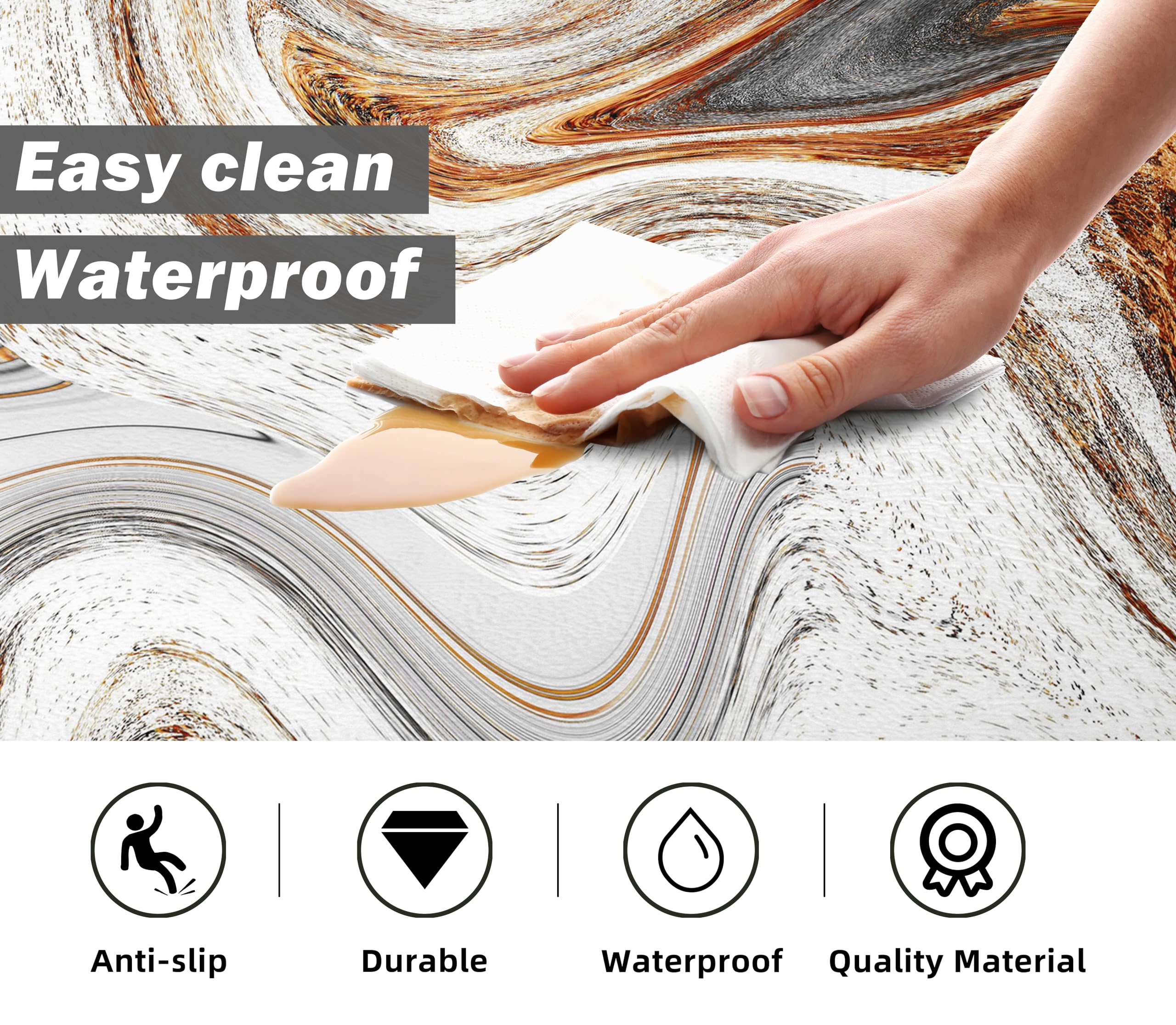 Kitchen Mats for Floor Anti Fatigue Floor Marble Cushioned Memory Foam Non Slip PVC Leather Padded Comfort Standing Rugs Set of 2, Abstract Golden Swirl Design, C1