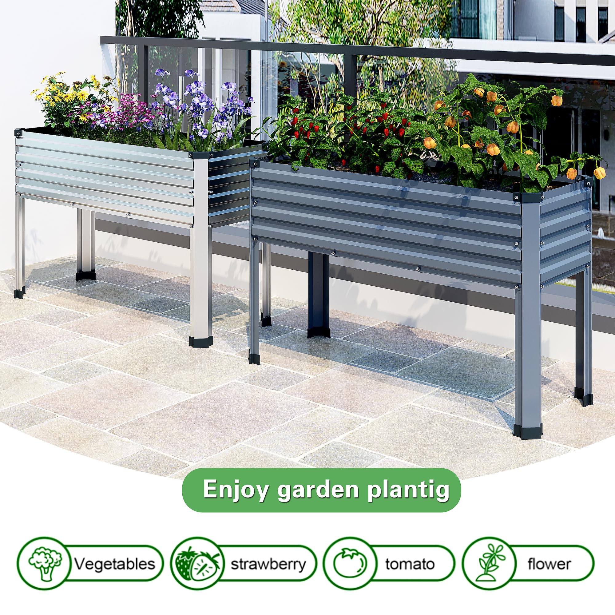 MGNO Galvanized Raised Garden Bed Outdoor with Legs,48×18×32in Metal Elevated Raised Planter Box for Backyard, Patio, Balcony, 300lb Capacity,Silver…