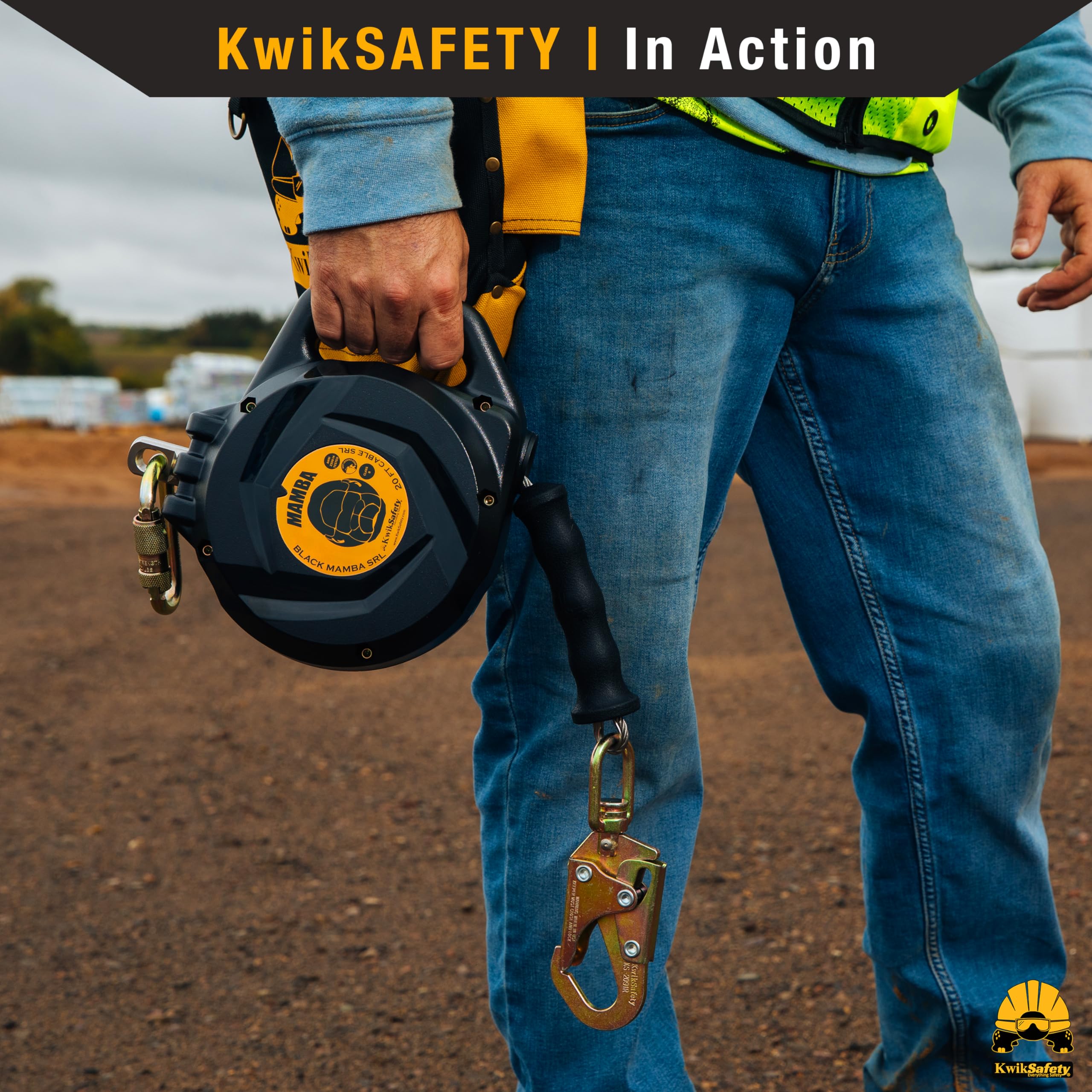 KwikSafety - Charlotte, NC - Mamba 50’ Self Retracting Lifeline [Carbonate + Integrated Handle] Class B Cable SRL ANSI OSHA Retractable Fall Arrest Safety Roofing Construction Gear