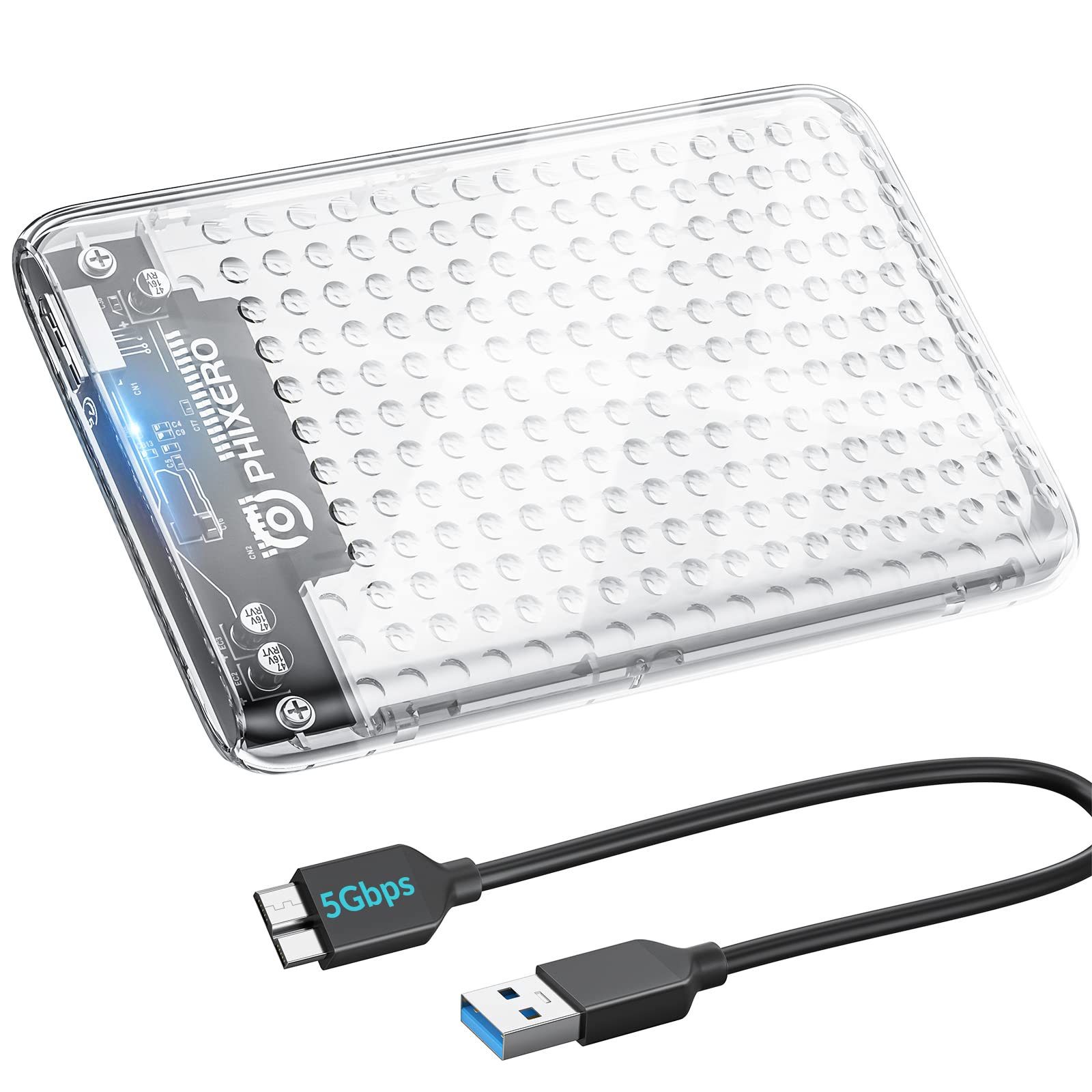 PHIXERO 2.5" Hard Drive Enclosure, 6Gbps USB 3.1 Gen 1 to SATA III Tool-Free SSD Hard Drive Enclosure for 2.5 inch 7mm/9.5mm SATA HDD & SSD [UASP Supported] Transparent