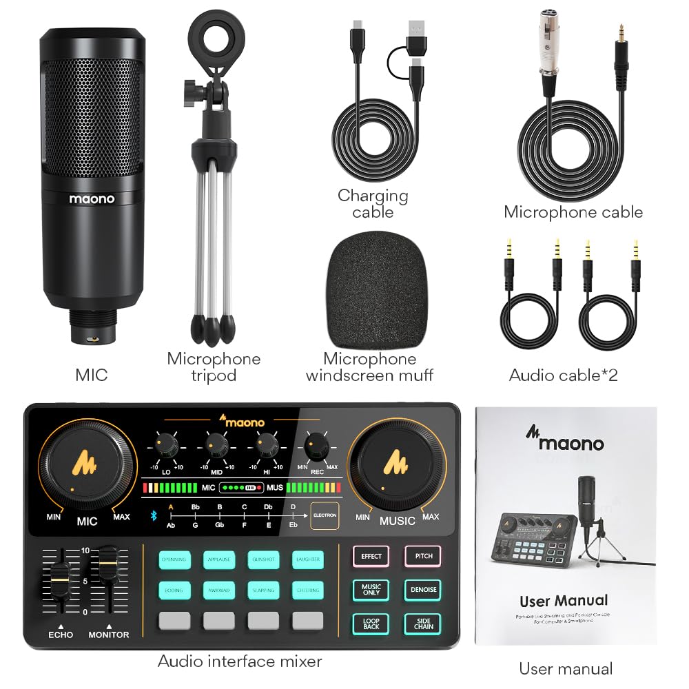 MAONO Podcast Equipment Bundle Audio mixer All-in-One Podcast Production Studio with 3.5mm Microphone for Live Streaming, Podcast Recording, PC, Smartphone, DJ MaonoCaster Lite (AU-AM200-S2)