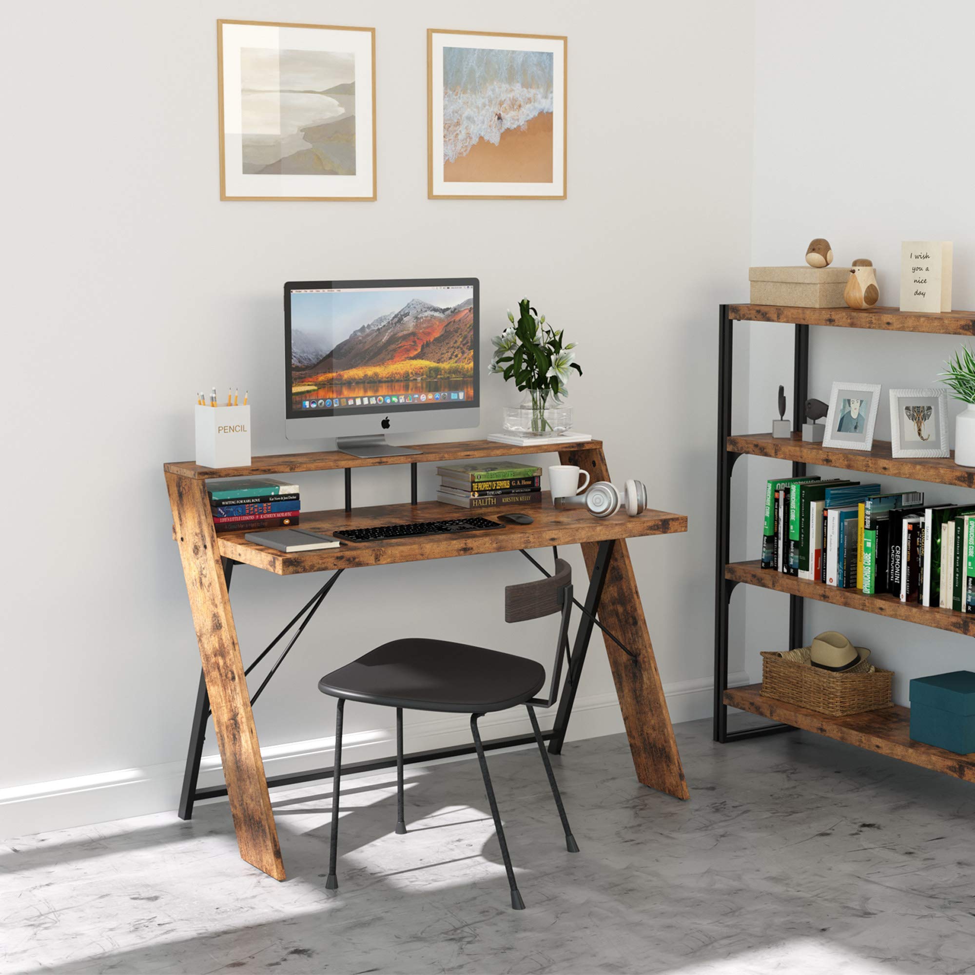 IRONCK Industrial Computer Desk 47", Office Desk with Monitor Shelf, with Thicker Tabletop and Diagonal Wood Legs, Studying Writing Table for Home Office