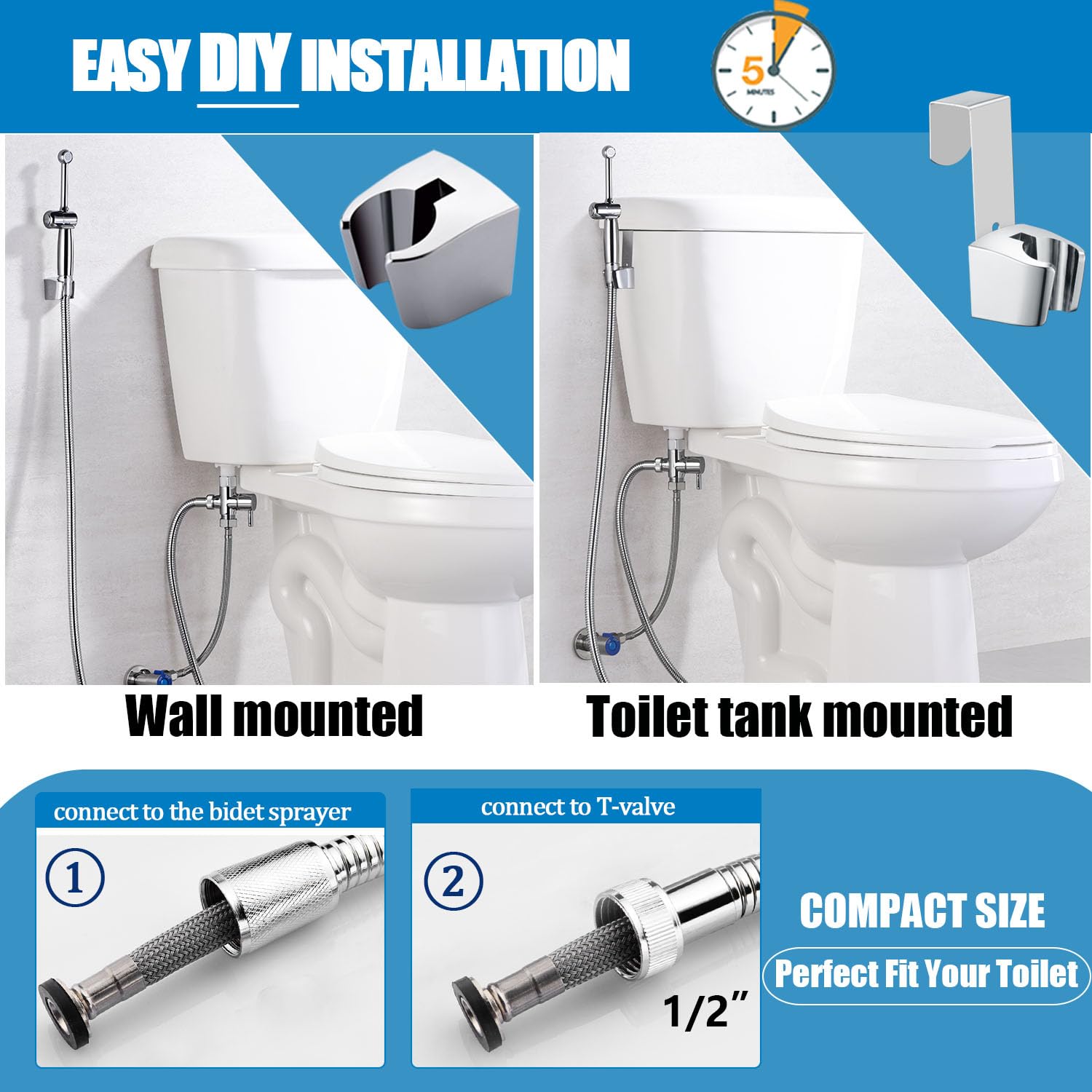 SonTiy Handheld Bidet Sprayer for Toilet, Brass Hand Held Bidet Attachment Jet Spray for Toilet with Backflow Preventer, Adjustable Water Pressure Control Cloth Diaper Sprayer, All Metal Bidet Shower