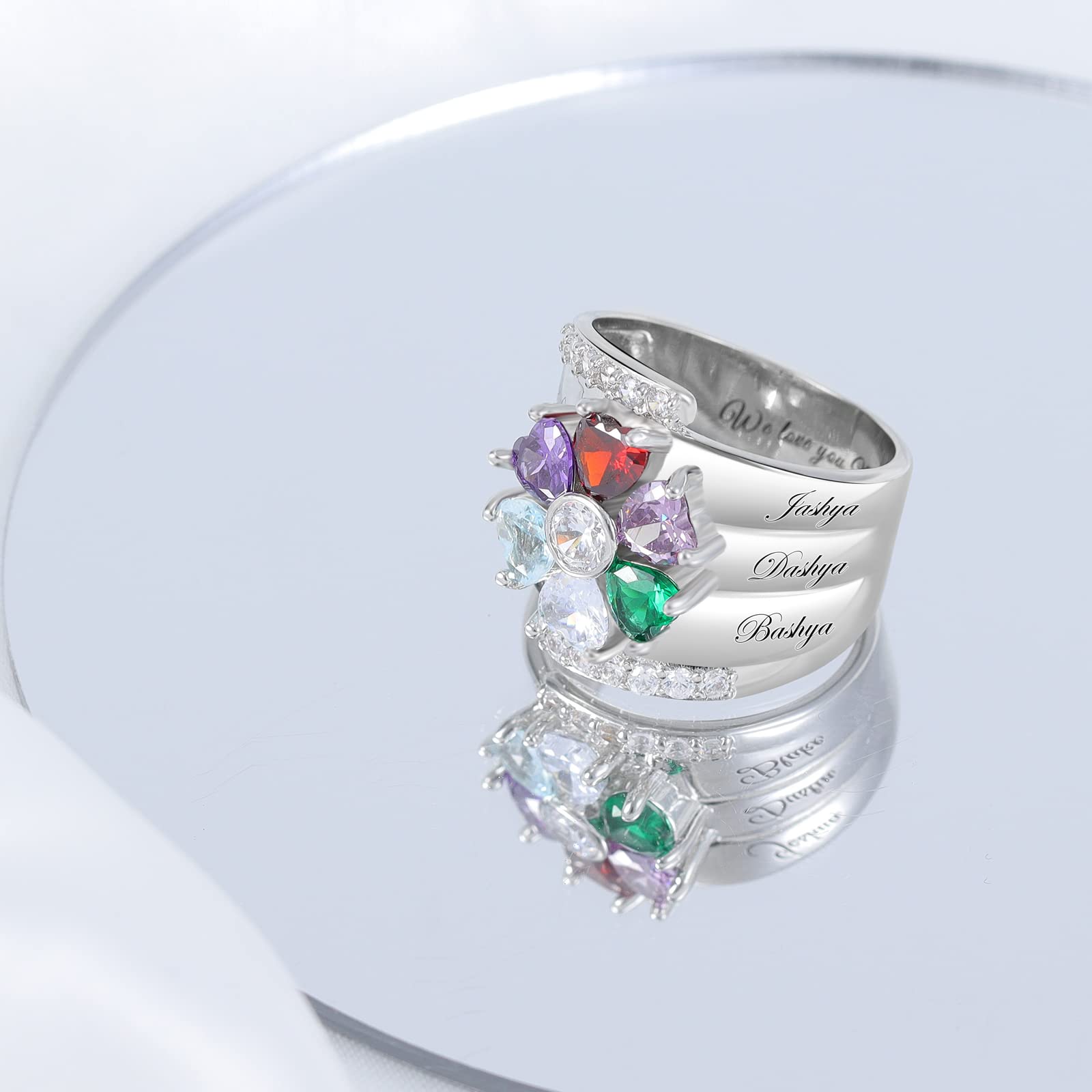 Laleonpame Mothers Ring Personalized Birthstones and Names Family Ring with 6 Heart Simulated Stone from Daughter Son