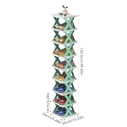 Joyivike 9 Tier Folding Shoe Rack, Green, Plastic, Compact, Space Saving, Adjustable, Stackable, Foldable, Easy to Install, Can Store Shoes, Books, Magazines, Toys