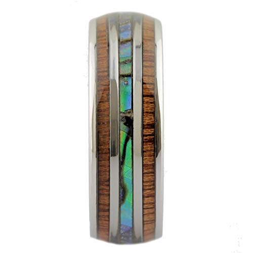 MJ Metals Jewelry Custom Engraved Stainless Steel 8mm Real Koa Wood and Abalone Inlay Ring Size 10.5