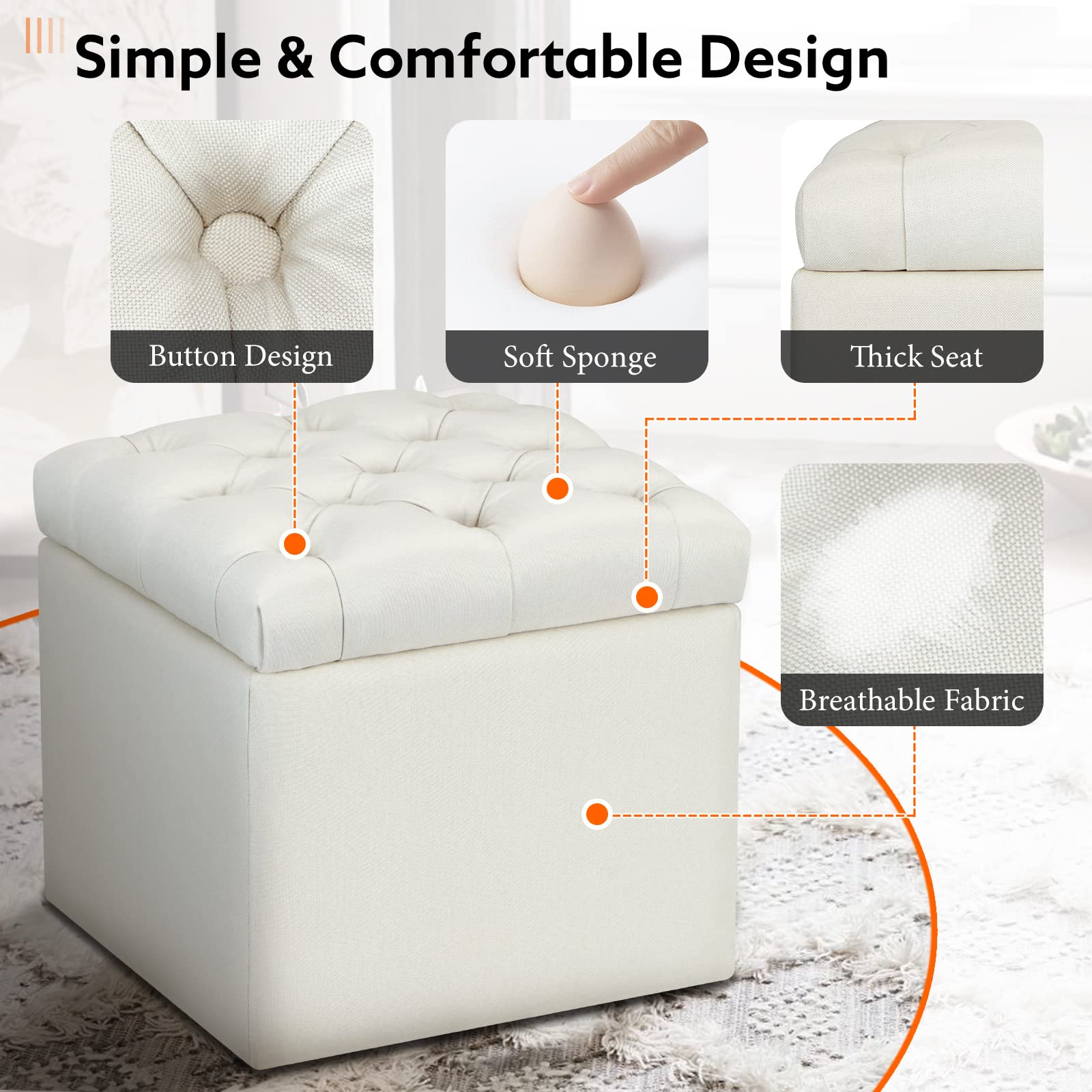 JOMEED 17 Inches Storage Ottoman Cube Set of 2, Linen Fabric Ottoman with Storage for Bedroom, Living Room, Dorm, Button Tufted, No Assembly Required(Beige-2)