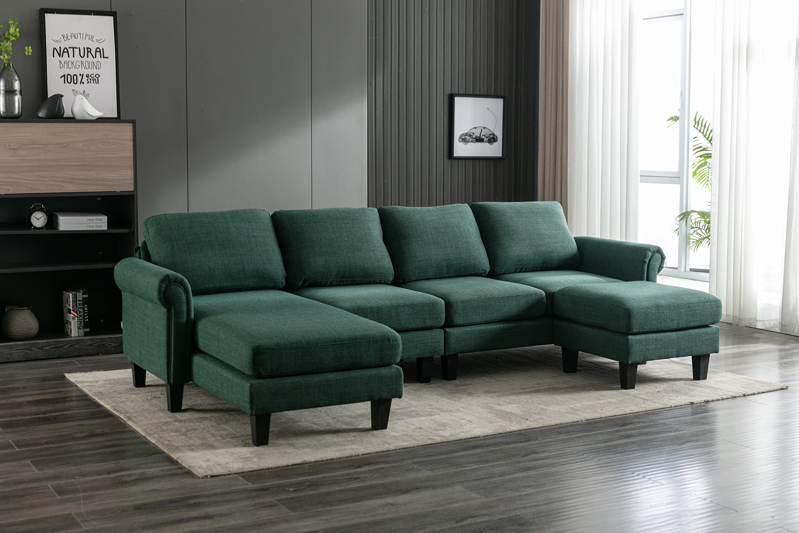 OUYESSIR U-Shaped Sectional Sofa Couch, 4 Seat Sofa Set for Living Room, Convertible L-Shaped Linen Couch Set with Chaise Lounge, Ottoman and Pillows,109 inches (Emerald Green)