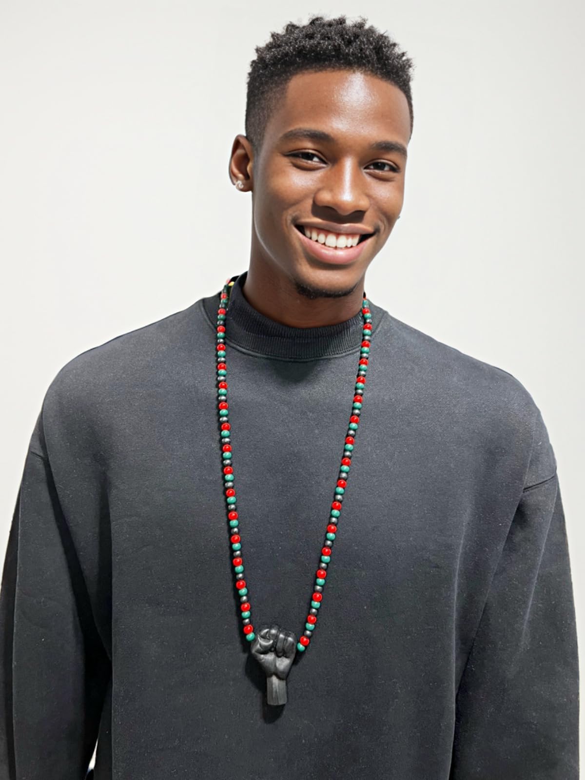 Hip Hop Rising Fist Pendant 8 mm 24, 27, 30 inches Wooden Bead Necklace (Multi Beads, 36)