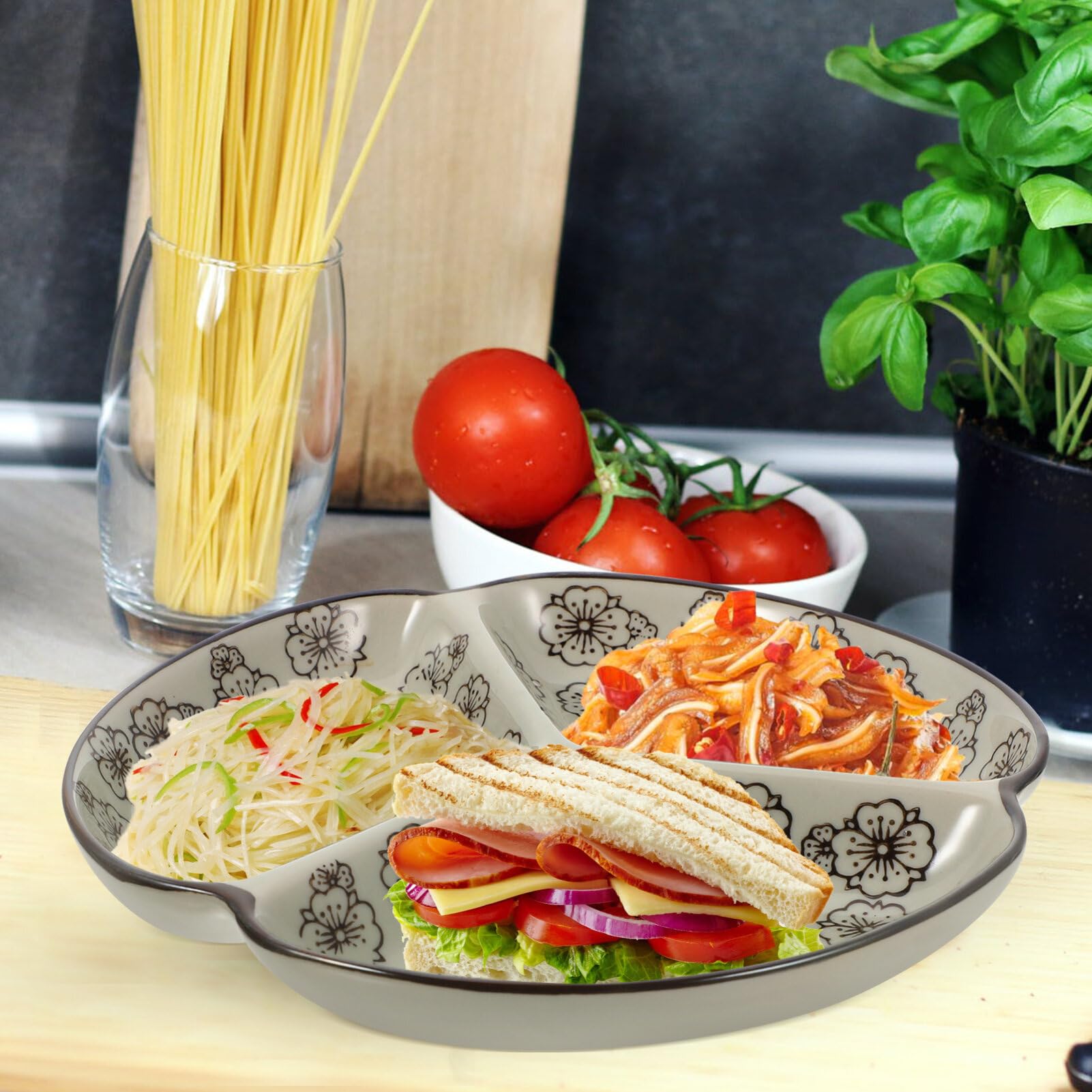 Kichvoe Ceramic Divider Dishes Compartment Food Plate Japanese Divided Serving Platter 3 Section Snack Tray Dried Fruit Storage Plate-7inch