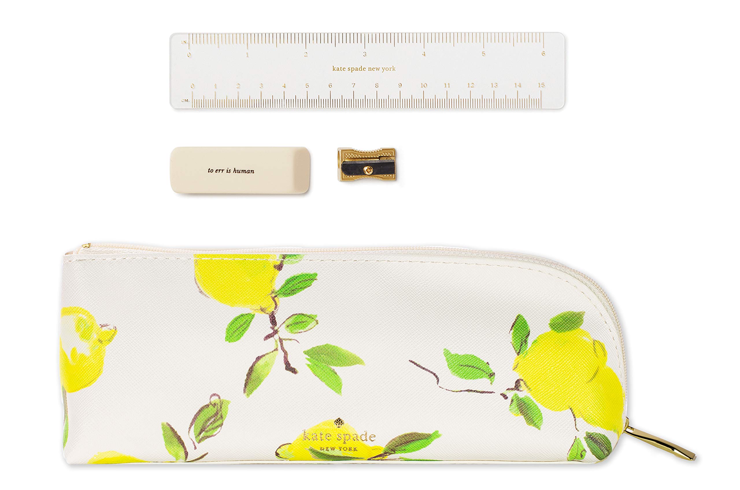 Kate Spade New York Pen and Pencil Case with Ruler, Sharpener, and Eraser, Zipper Pouch Organizer for Office Supplies, Lemons