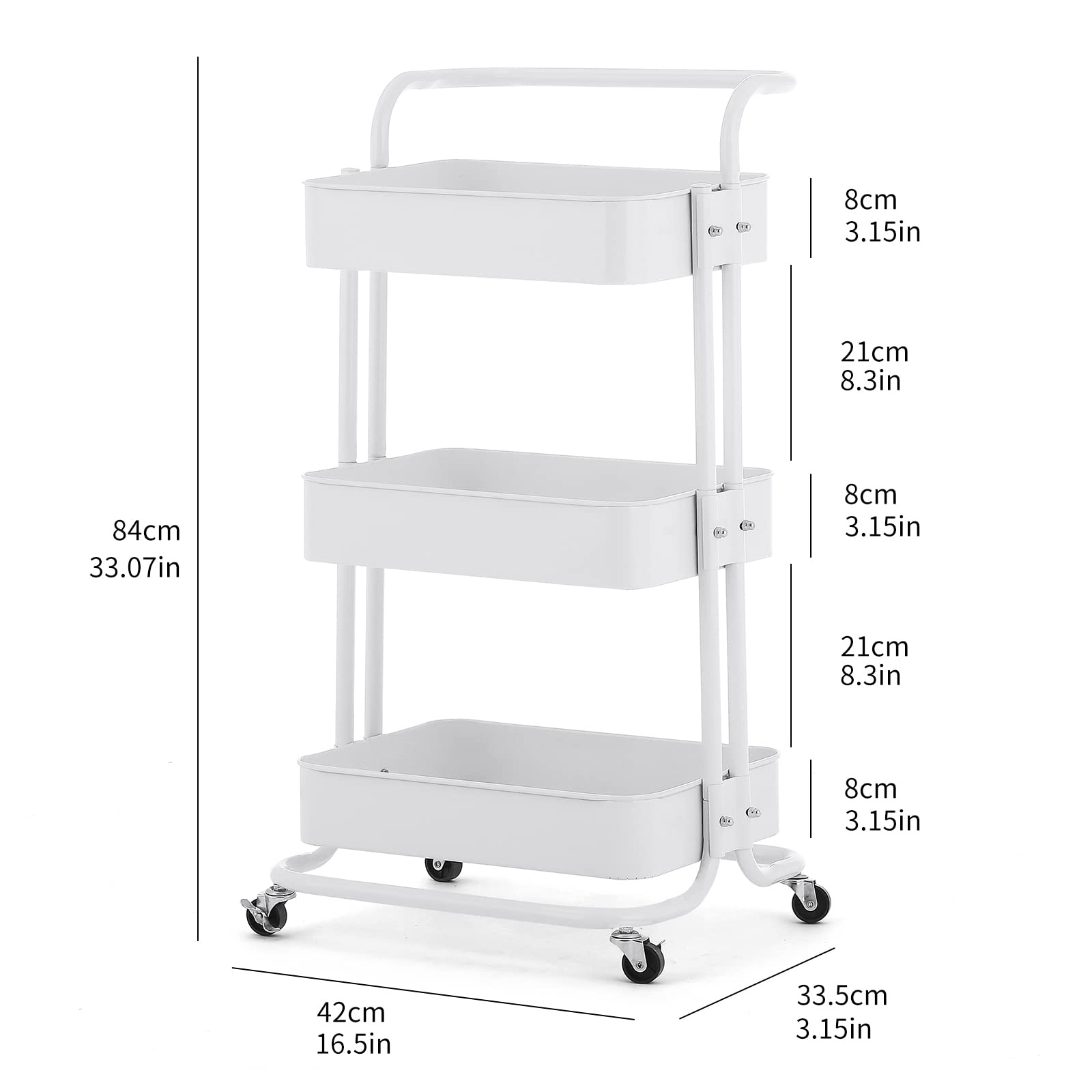 KVLUAY 3 Tier Utility Rolling Cart with Handle,Metal Rolling Organization Cart,Multifunctional Storage Cart with Lockable Wheels,Suitable for Office Living Room Bathroom Kitchen (White)
