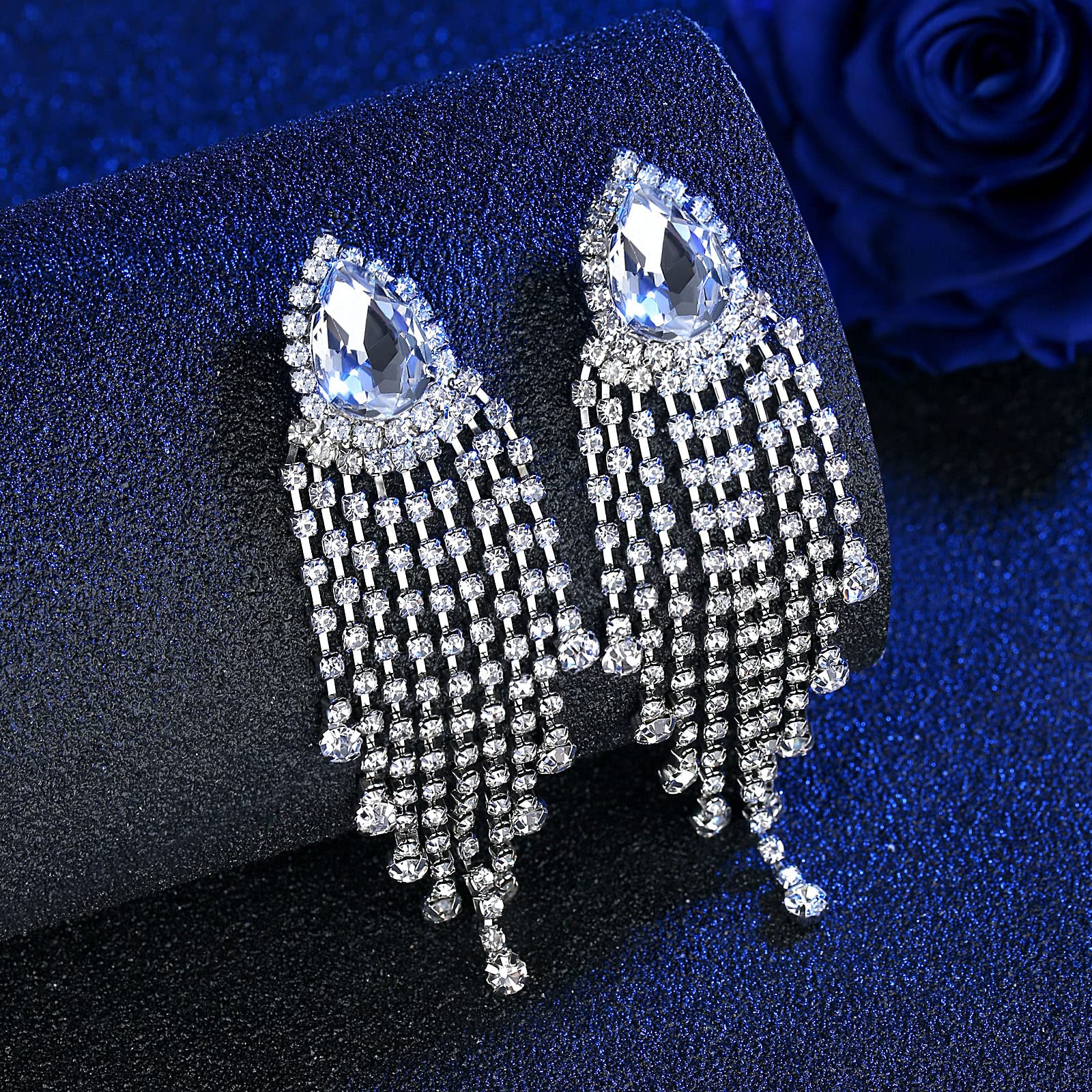 Lauracode Chandelier Rhinestone Earrings Dangling Tassel Long Sparkly Silver Pageant Bridal Wedding Earrings 10.5