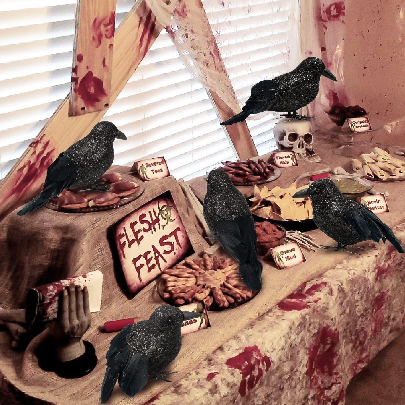 kockuu Crows Halloween Decorations - 6Pcs Halloween Crows Raven Black Birds Glitter Feathered Decor for Halloween Home Tree Garden Yard Indoor Outdoor Decorations