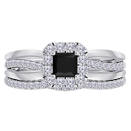 Jewelryhub 2CT Princess Cut Black Cz Diamond 925 Sterling Silver Wedding Bridal Set Split Shank Halo Engagement Ring Set Size 4-12