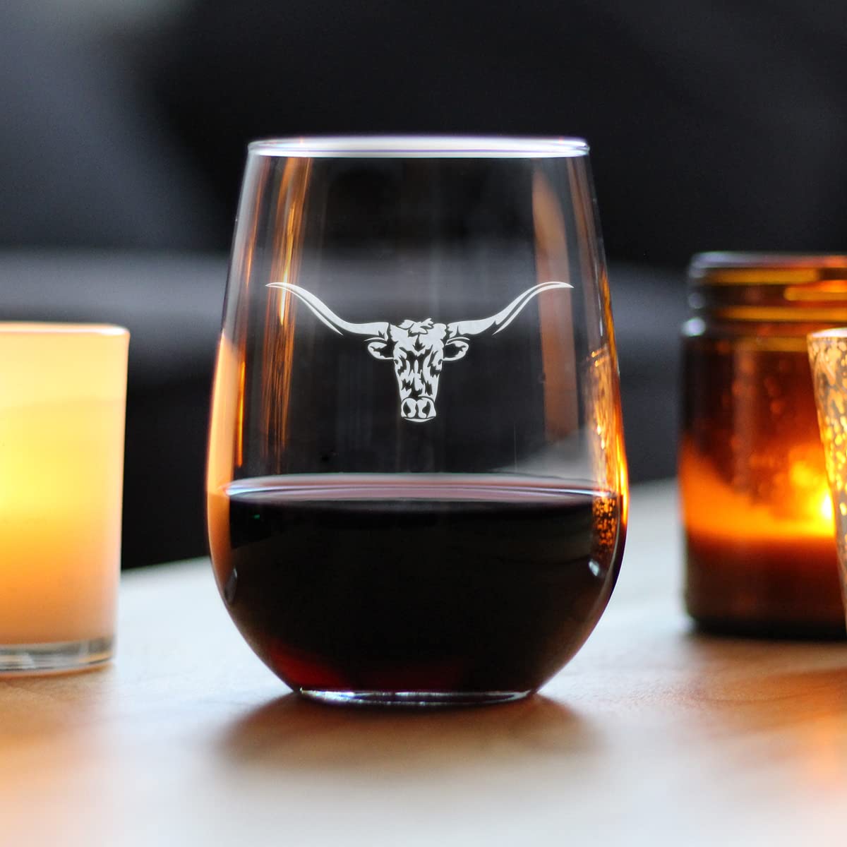 Longhorn - Stemless Wine Glass - Western Themed Farm Decor and Gifts for Texan Ranchers - Large 17 Ounce