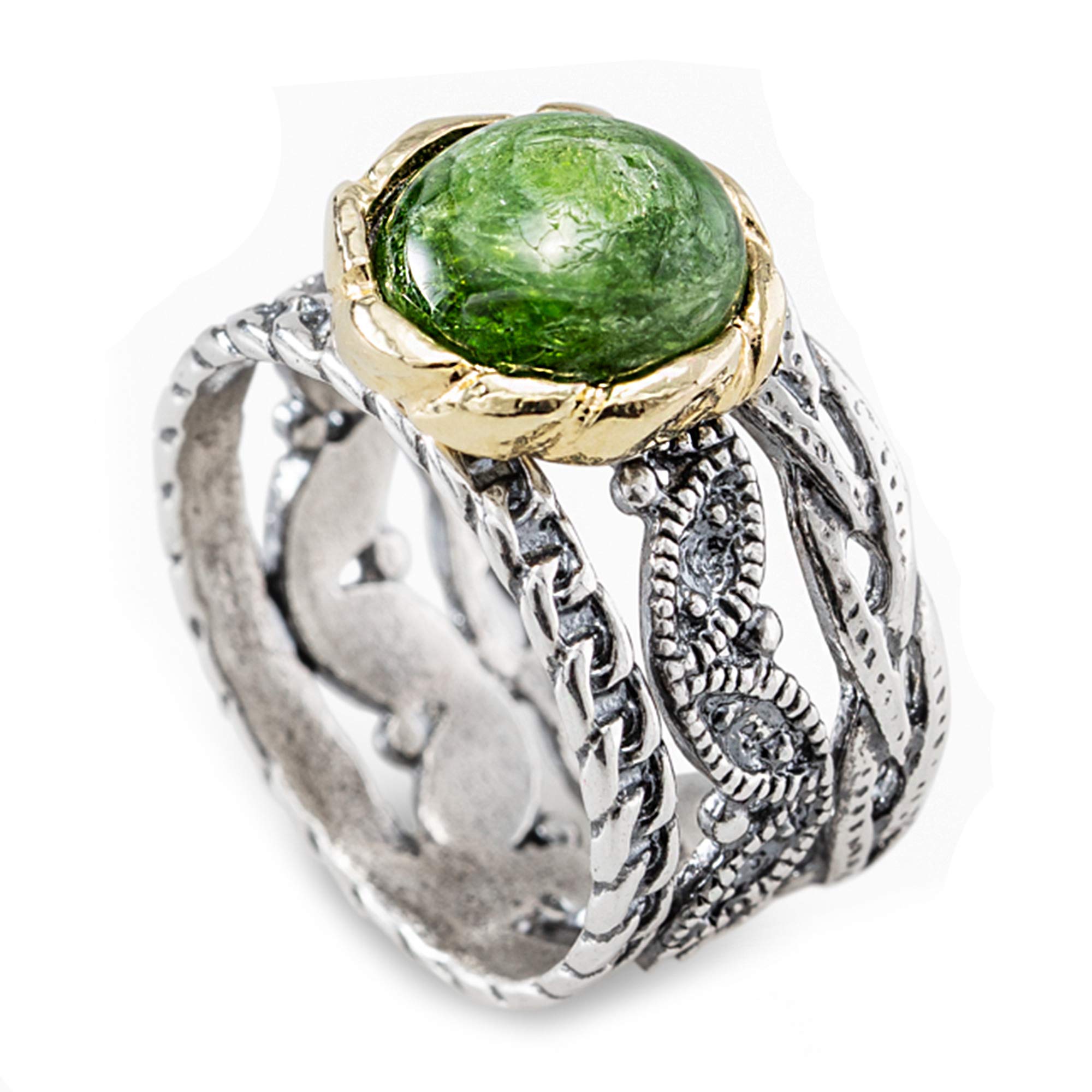 Joolala 4.0 Carat Natural Green Round Diopside Stone with 14K Gold Plate Ring in 925 Sterling Silver - Birthday Gift for Her, Size - 7