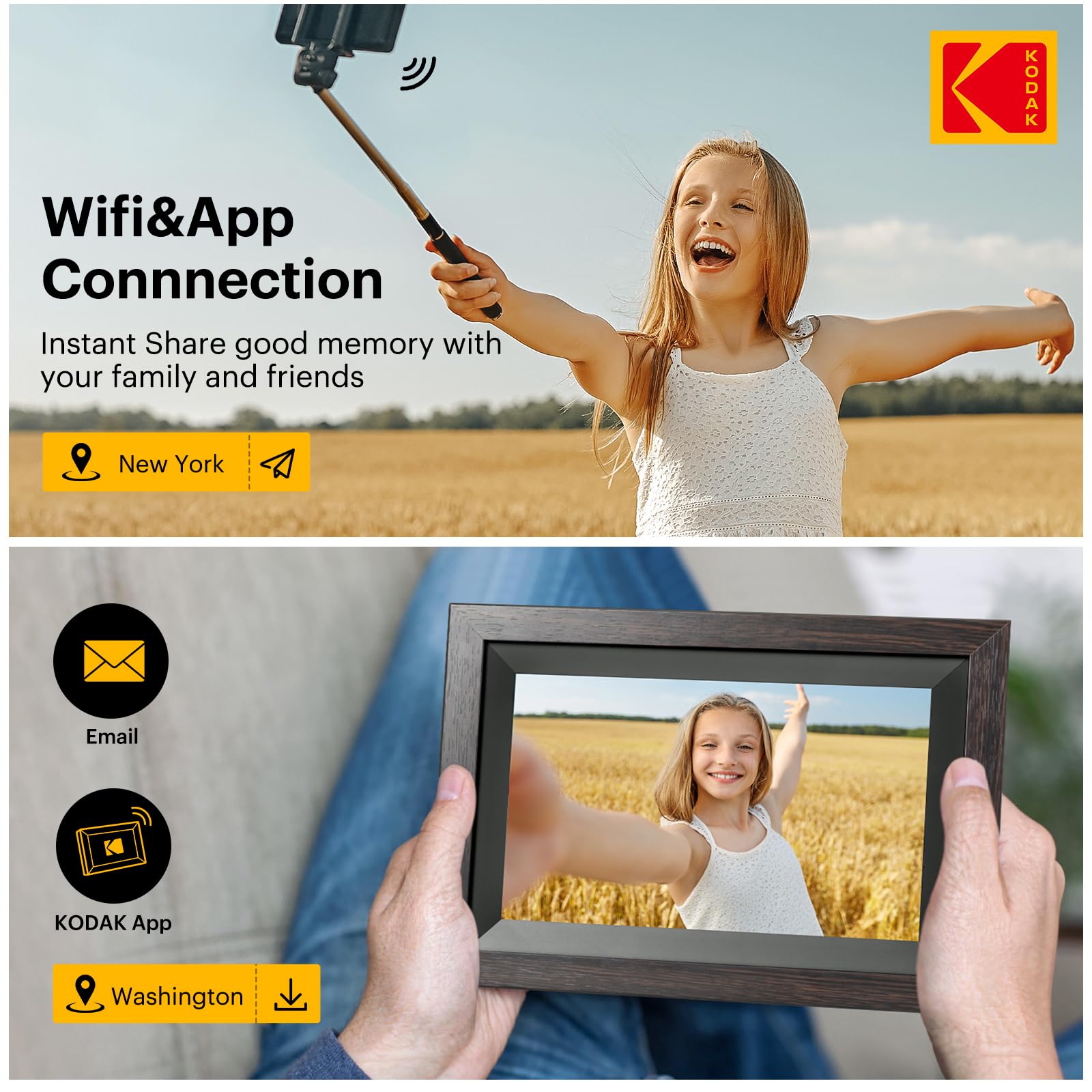 KODAK 10.1 Inch Smart WiFi Digital Picture Frame 1280x800 Touch Screen,Auto-Rotate, Built in 16GB Memory, Share Moments Instantly via Kodak App from Anywhere(Wood)