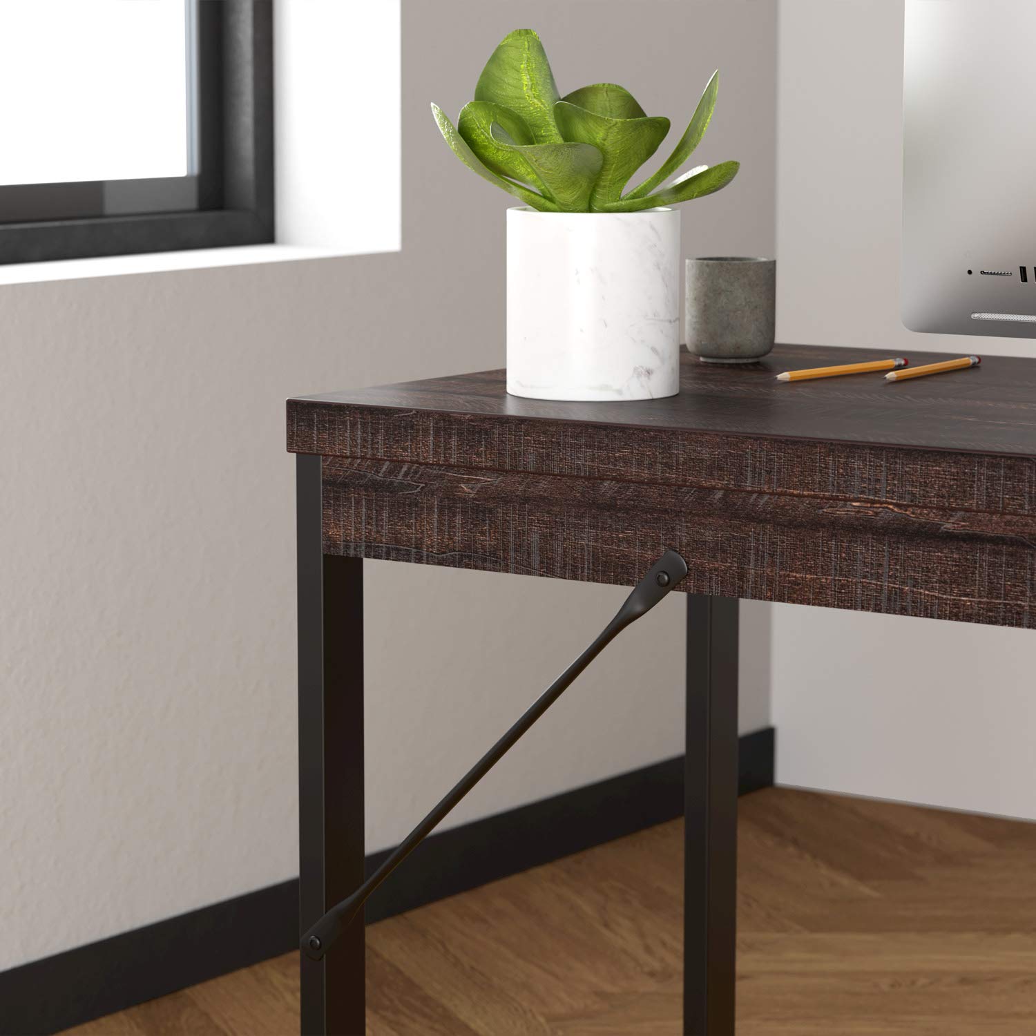 IRONCK Computer Desk with Drawer 55" Writing Desk, Industrial Office Desk Table for Home Office, Sturdy Metal Frame, Easy Assembly, Espresso