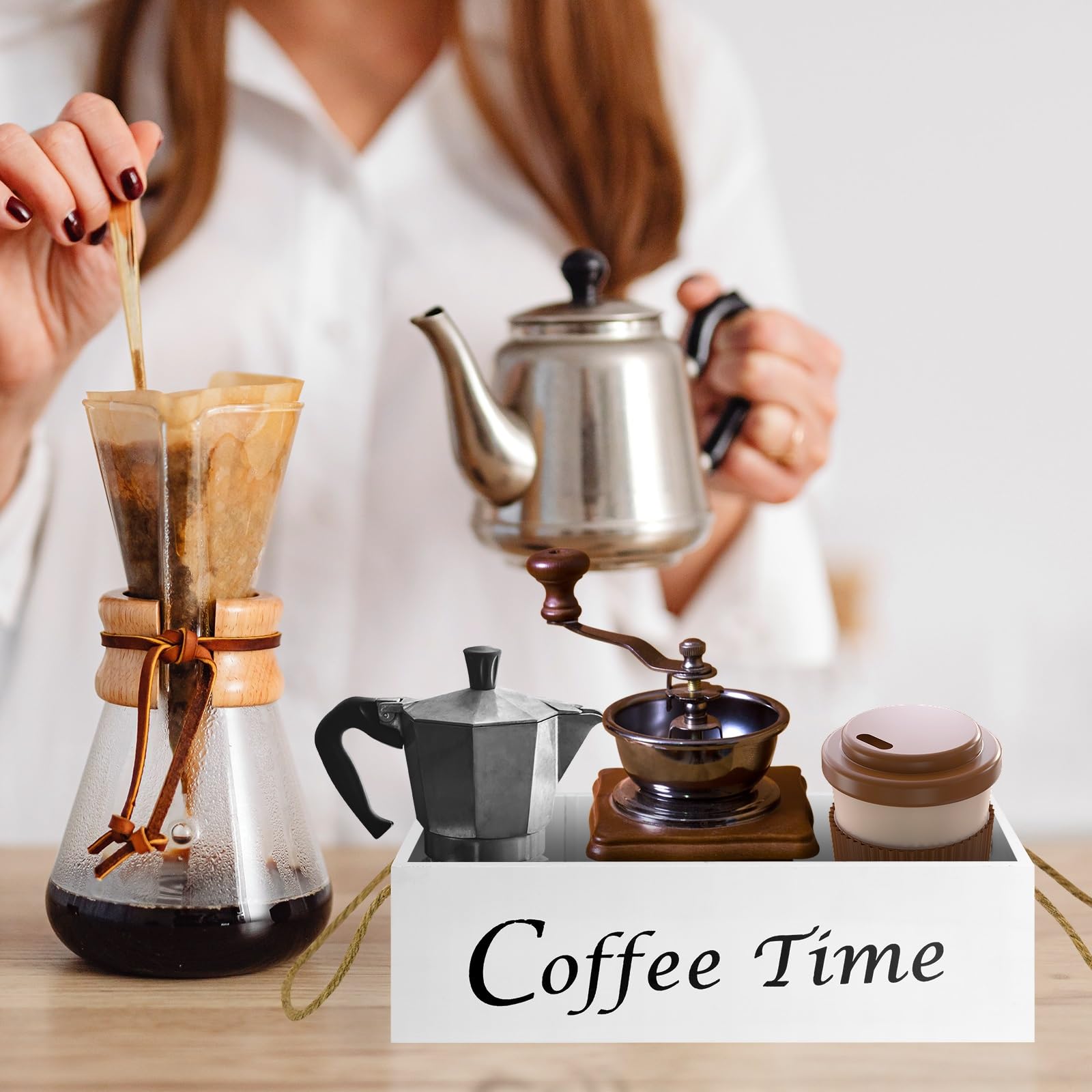 LadyRosian Coffee Station Organizer - 2 Funny Sides Wooden Coffee Bar Organizer with Removable Dividers for Countertop, White