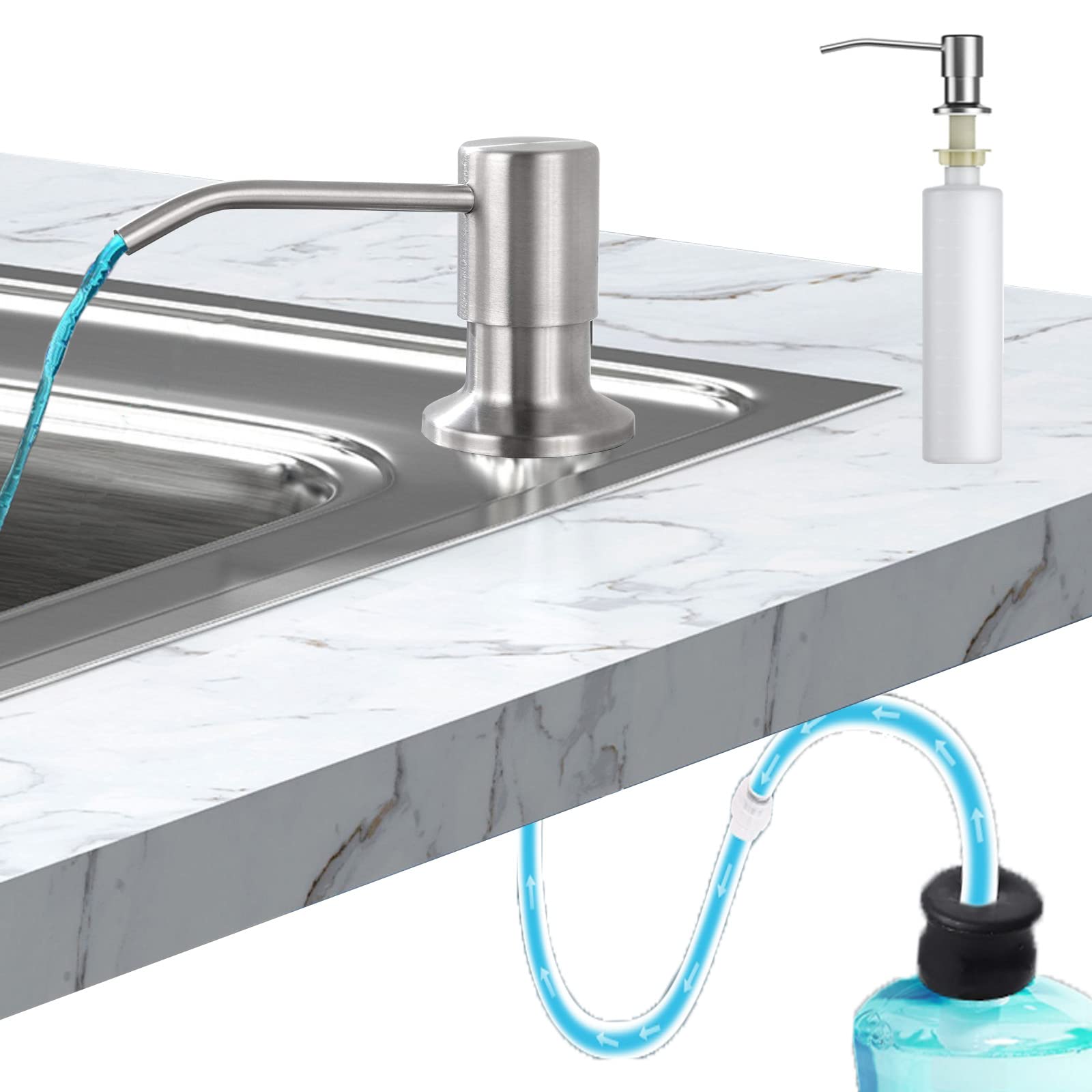 ONMUST Soap Dispenser for Kitchen Sink, Built in Soap Dispensers with 40 Inches Tube Connects Directly to Soap Bottle, No More Frequent Refills, Countertop Soap Dispenser Pump with 500ML Bottle