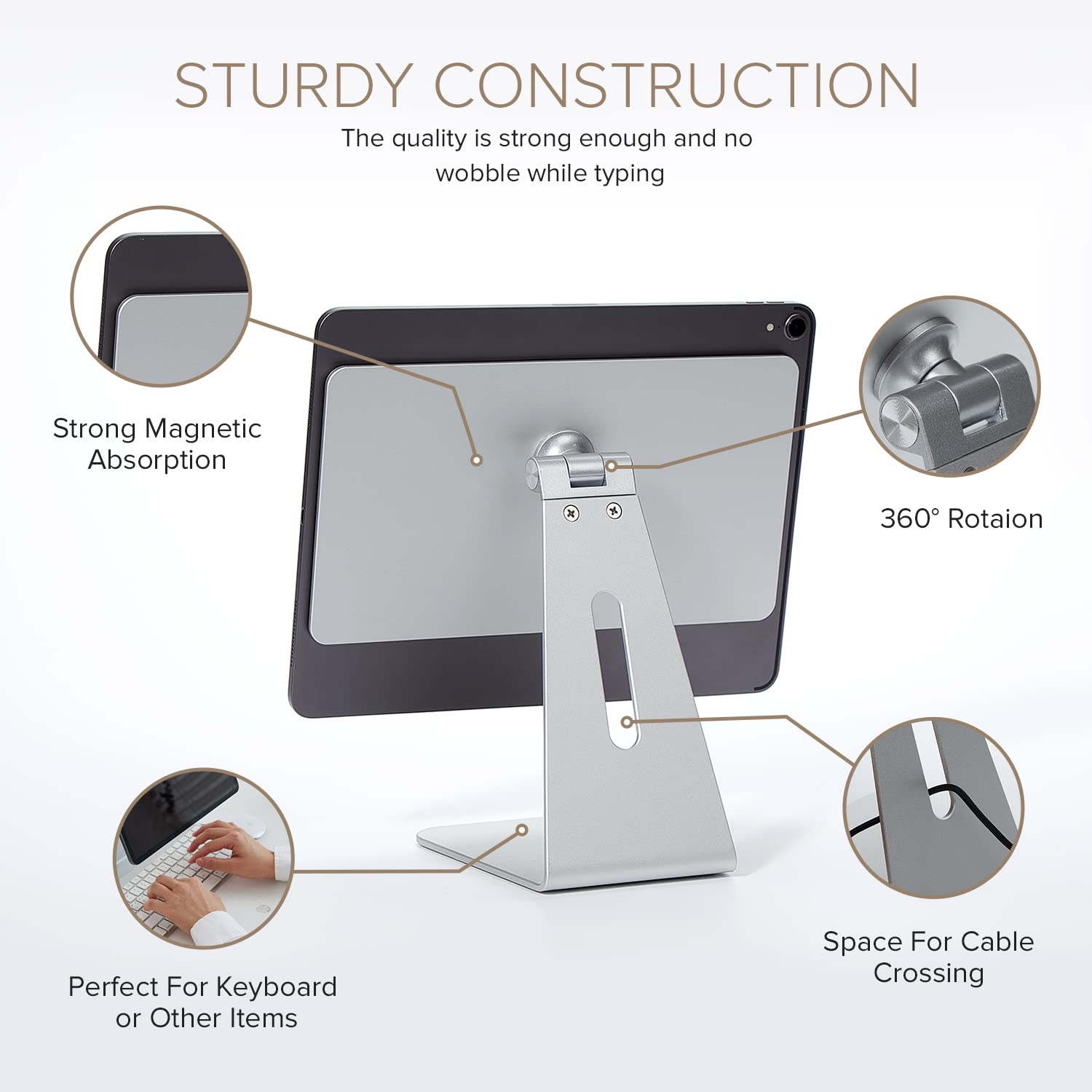 POUT E11 - Magnetic iPad Stand - Adjustable 360° Rotation Landscape/Portrait Portable Holder - Compatible w/Apple iPad Pro 12.9" 3rd/4th/5th/6th Gen