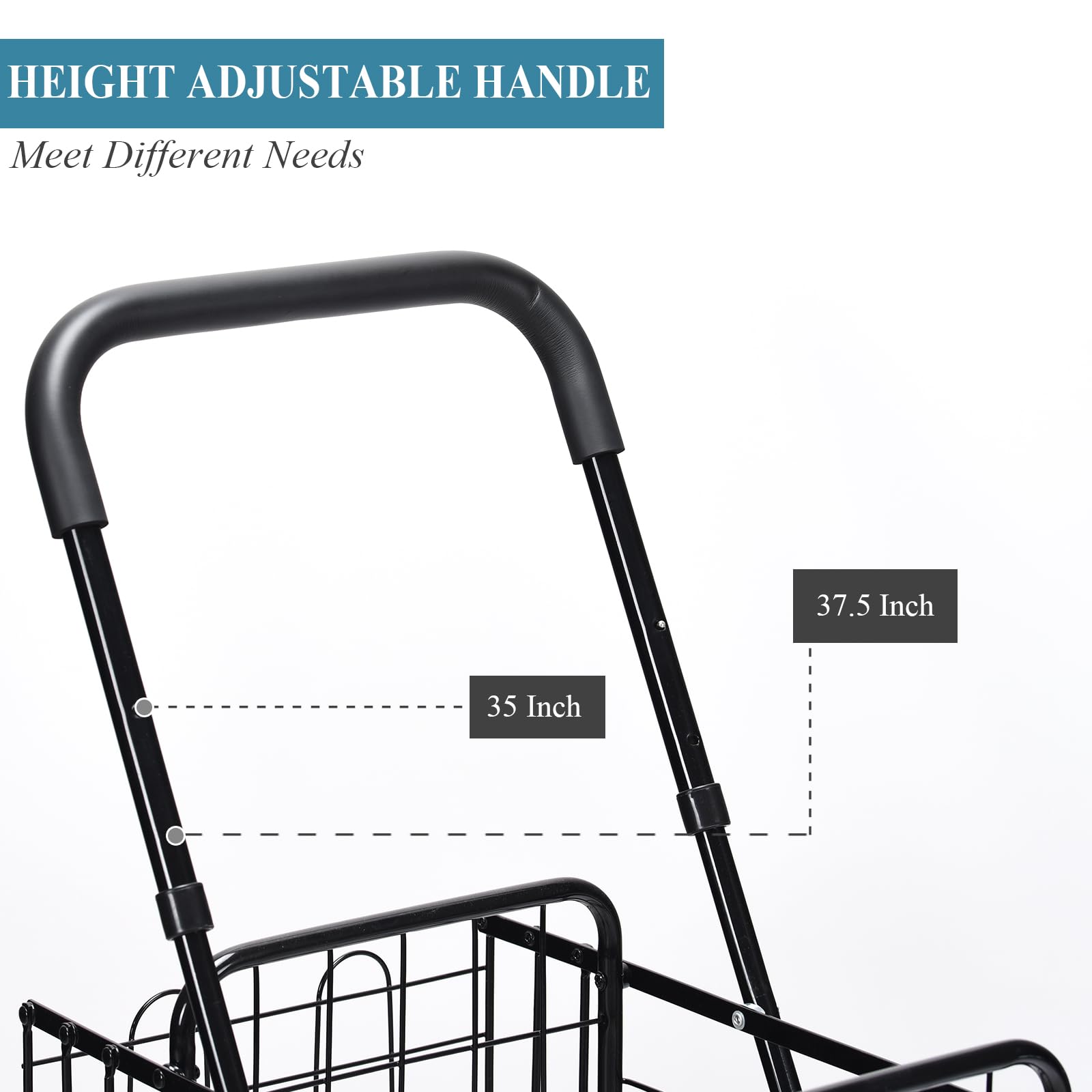 IRONMAX Grocery Shopping Cart, Foldable Heavy Duty Utility Cart w/Adjustable Handle, Extra Basket & 360° Rolling Swivel Wheels, Lightweight Trolley Cart for Grocery Laundry Luggage (Black)