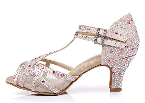 Minishion Crystals Dancing Sandals T-Strap Women's Satin Salsa Dance Shoes Nude US 8.5