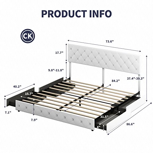 ZAFLY California King Platform Bed Frame with Button Tufted Headboard,Upholstered PU Leather Cal King Bed Frame with 4 Storage Drawers,Wooden Slats Support,No Box Spring Needed,Easy Assembly,White