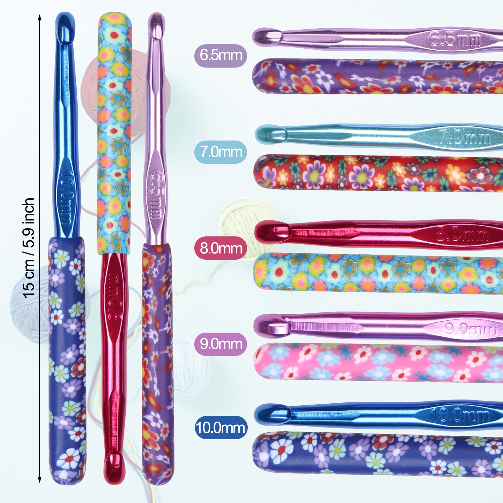 Katech 5 pcs Ergonomic Crochet Hooks Different Sizes (6.5mm / 7.0mm / 8.0mm / 9.0mm /10.0mm) Crochet Needles Set Aluminum Alloy Crochets Kit for Knitting Carpet, Shawl, Blanket, Scarf, Hat and Sweater