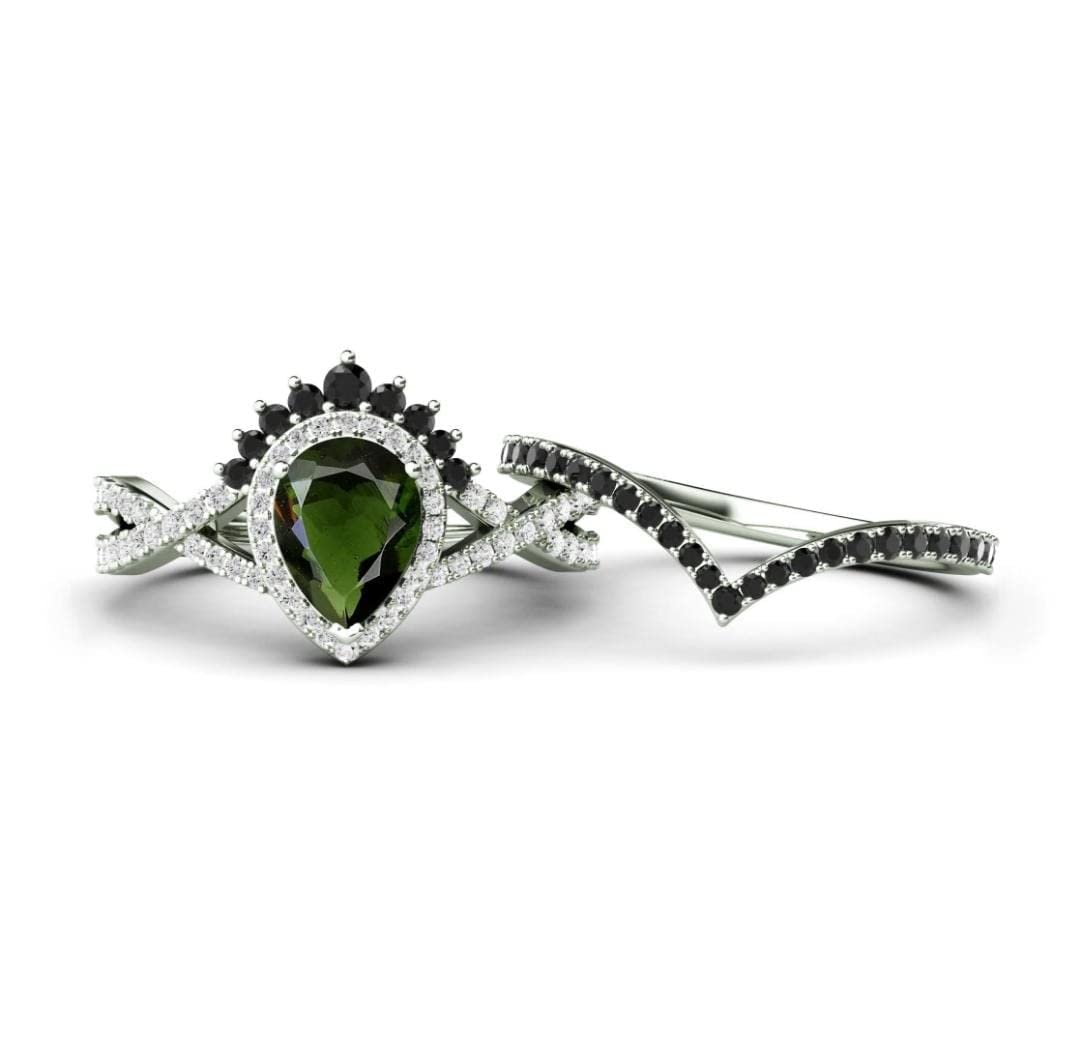 Moldavite Engagement Ring, Antique Moldavite Wedding Ring, Pear Shape Moldavite Bridal Ring Set, Unique Promise Anniversary Ring Set For Her (Rose Gold, 12)