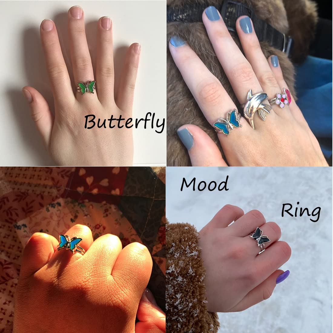 ItsStarred 6pcs Smiley Crying Face Knuckle Ring Set Chunky Adjustable Butterfly Vintage Silver Mushroom Star Flower Ring Pack for Women
