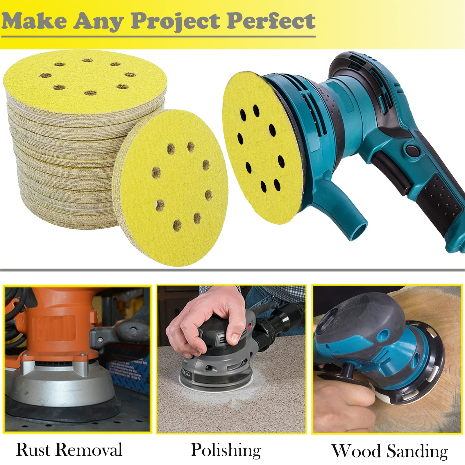 M-jump 100 Pack 5 Inch Sanding Discs, 80 Grit Hook and Loop Sandpaper for Woodworking or Automotive, 8 Hole Gold Premium Dustless Random Orbit Sandpaper