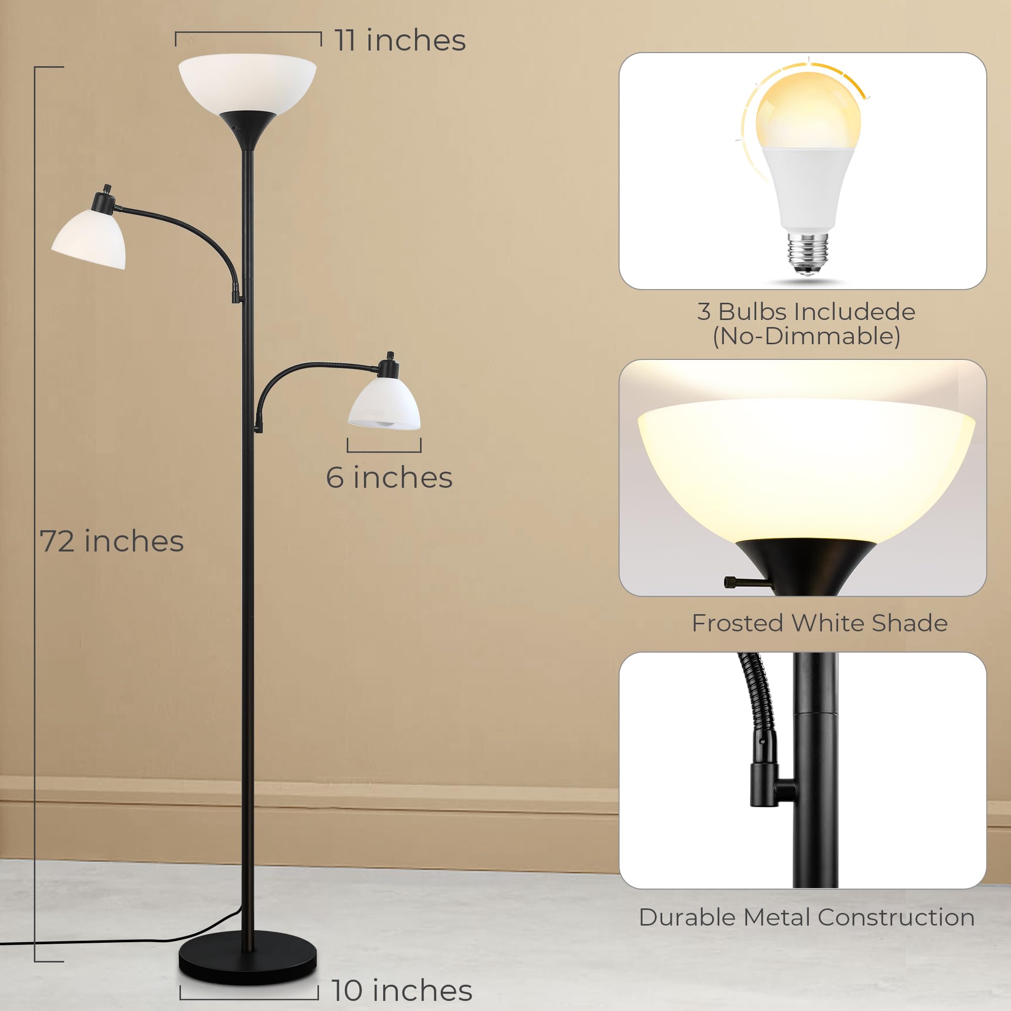 Isloys Led Floor Lamp, Torchiere Bright Black Floor Lamp with 2 Reading Lamps, Led Tall Standing Pole Lamps for Living Room Bedroom Office, 3 Way Switch, 3 Led Bulbs Included