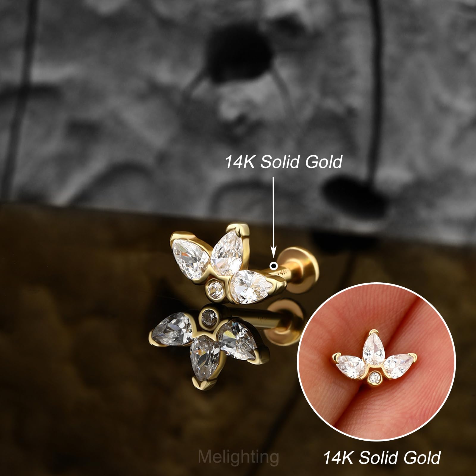 Melighting 14K Solid Gold Flat Back Earring Gold Threadless Earring Titanium Threadless Push in Earring for Women 16G Gold Tragus Piercing Jewelry Gold Helix Earring Cartilage Earring for Women
