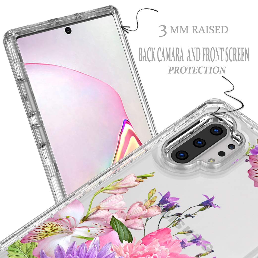IN4U Galaxy Note 10 Plus Case, Full Body Military Grade Shockproof Transparent 3in1 Flower Design 360 Protective Cover Without Built-in Screen Protector for Samsung Galaxy Note 10 Plus (Floral)